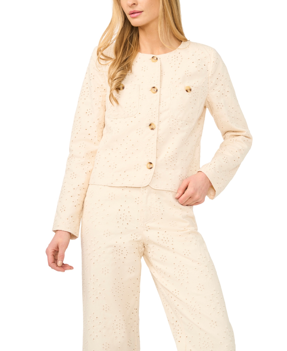 CeCe Womens Crew Neck Long-Sleeve Jacket - Warm Vanilla