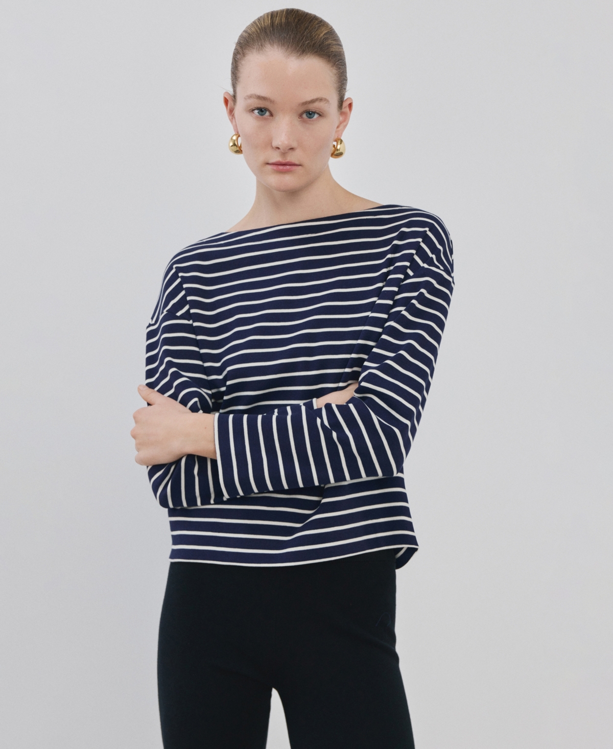 Click here for Mango Womens Striped Boatneck Sweatshirt - Navy prices