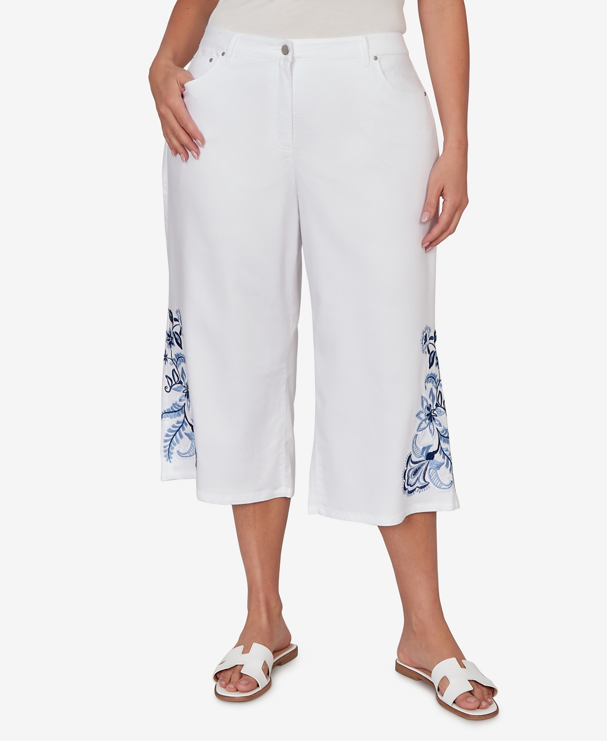 Click here for Ruby Rd. Plus Size Embroidered Hem Denim Capri Pan... prices