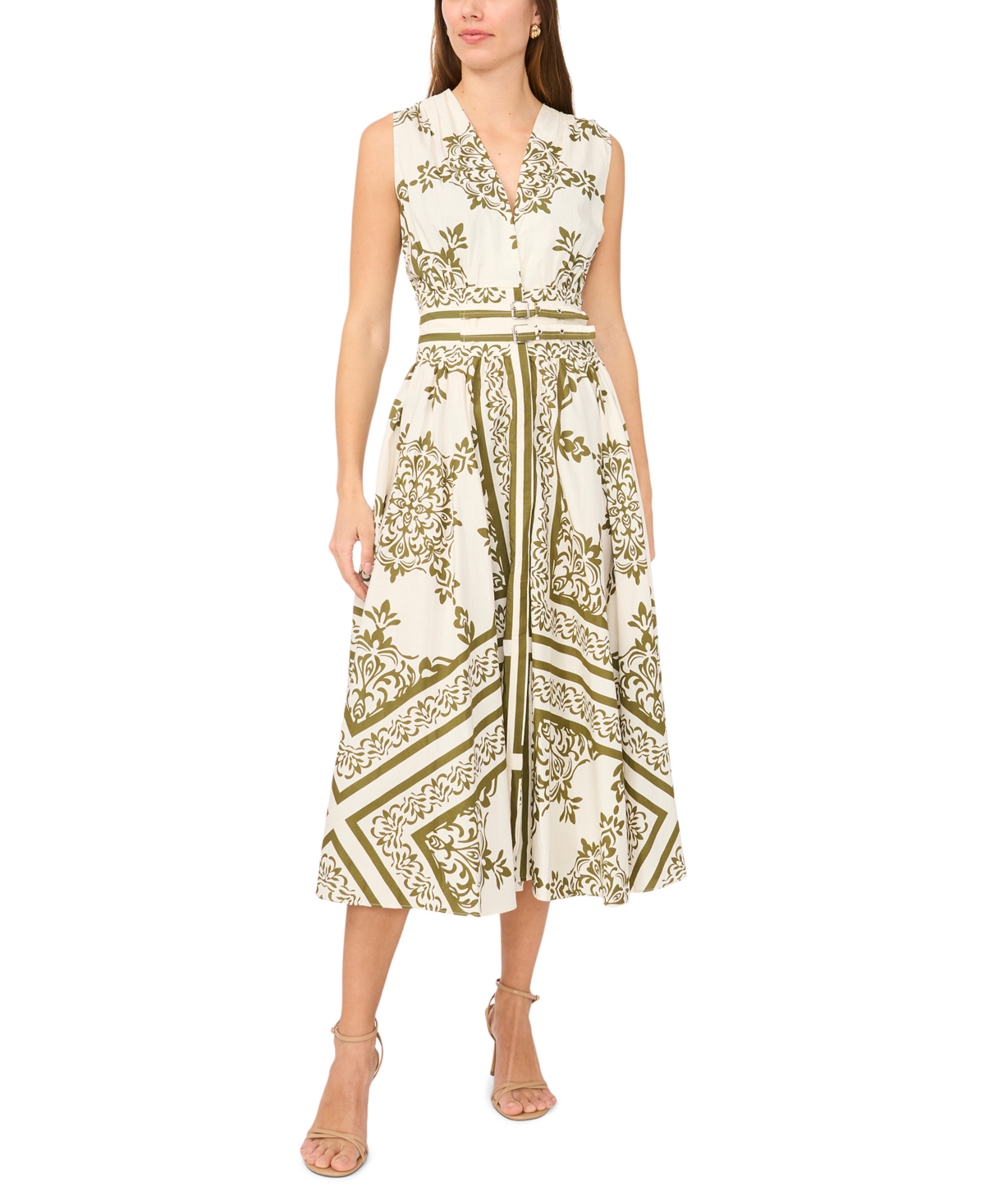 Click here for CeCe Womens Sleeveless V-Neck Buckle Trim Midi Dre... prices