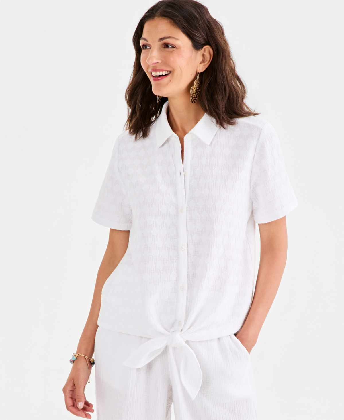 Click here for Style & Co Womens Cotton Gauze Embroidery Tie-Fron... prices