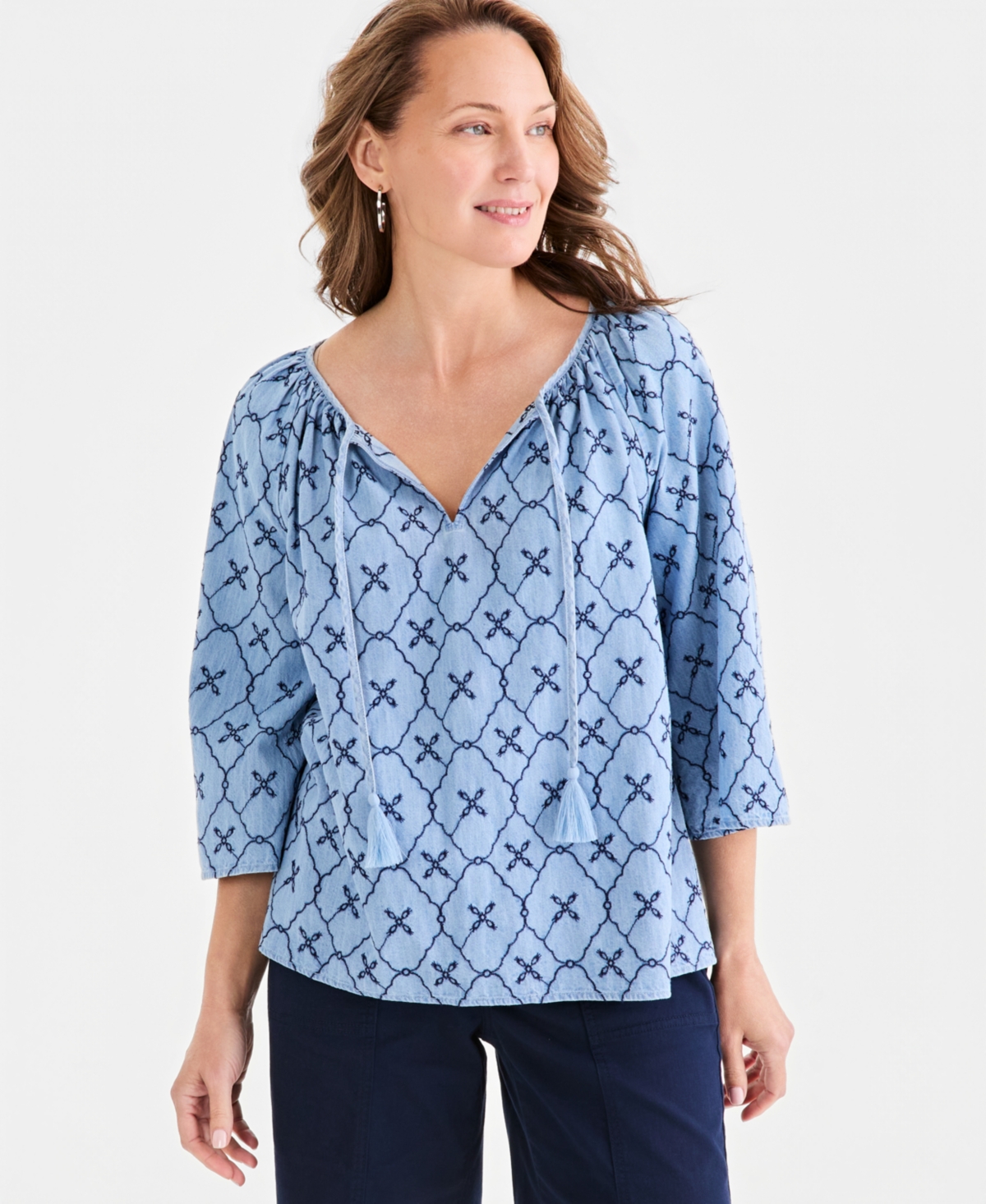 Click here for Style & Co Womens Chambray Split-Neck Embroidery T... prices