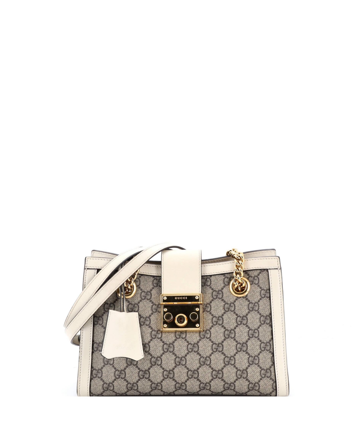 Click here for Pre-Owned Gucci Small Padlock Chain Tote Gg Coated... prices