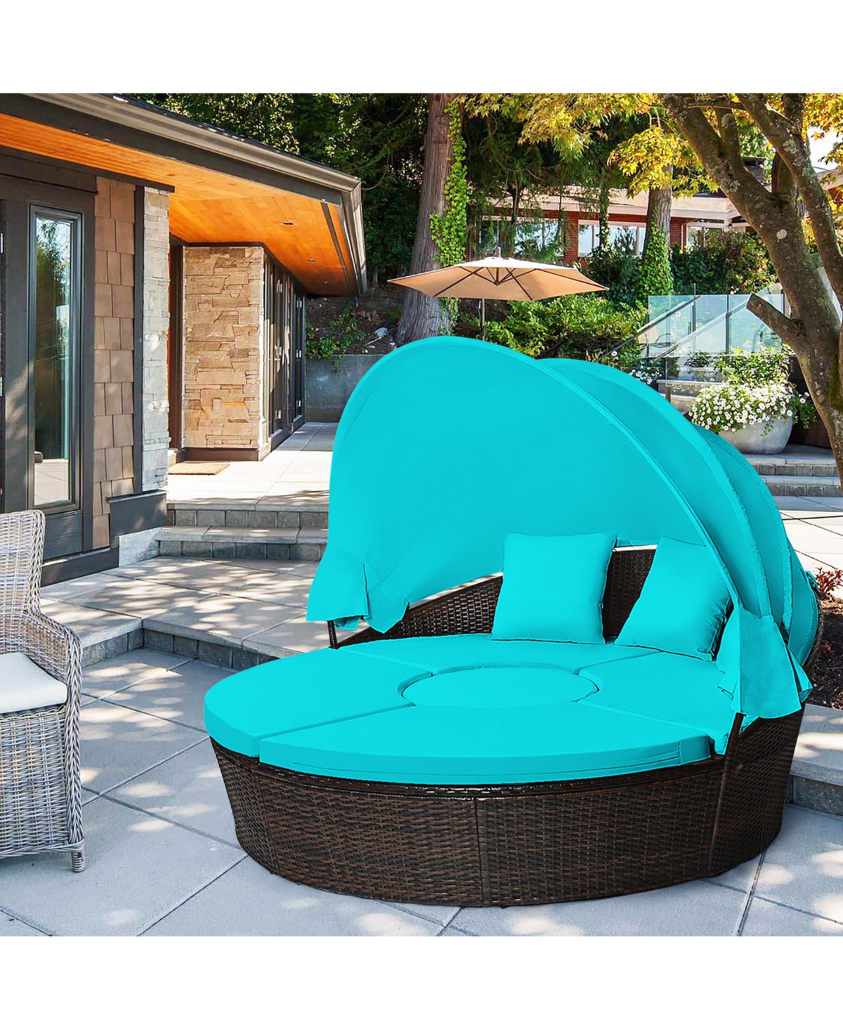 Click here for Gymax Cushioned Patio Rattan Round Daybed w/ Adjus... prices