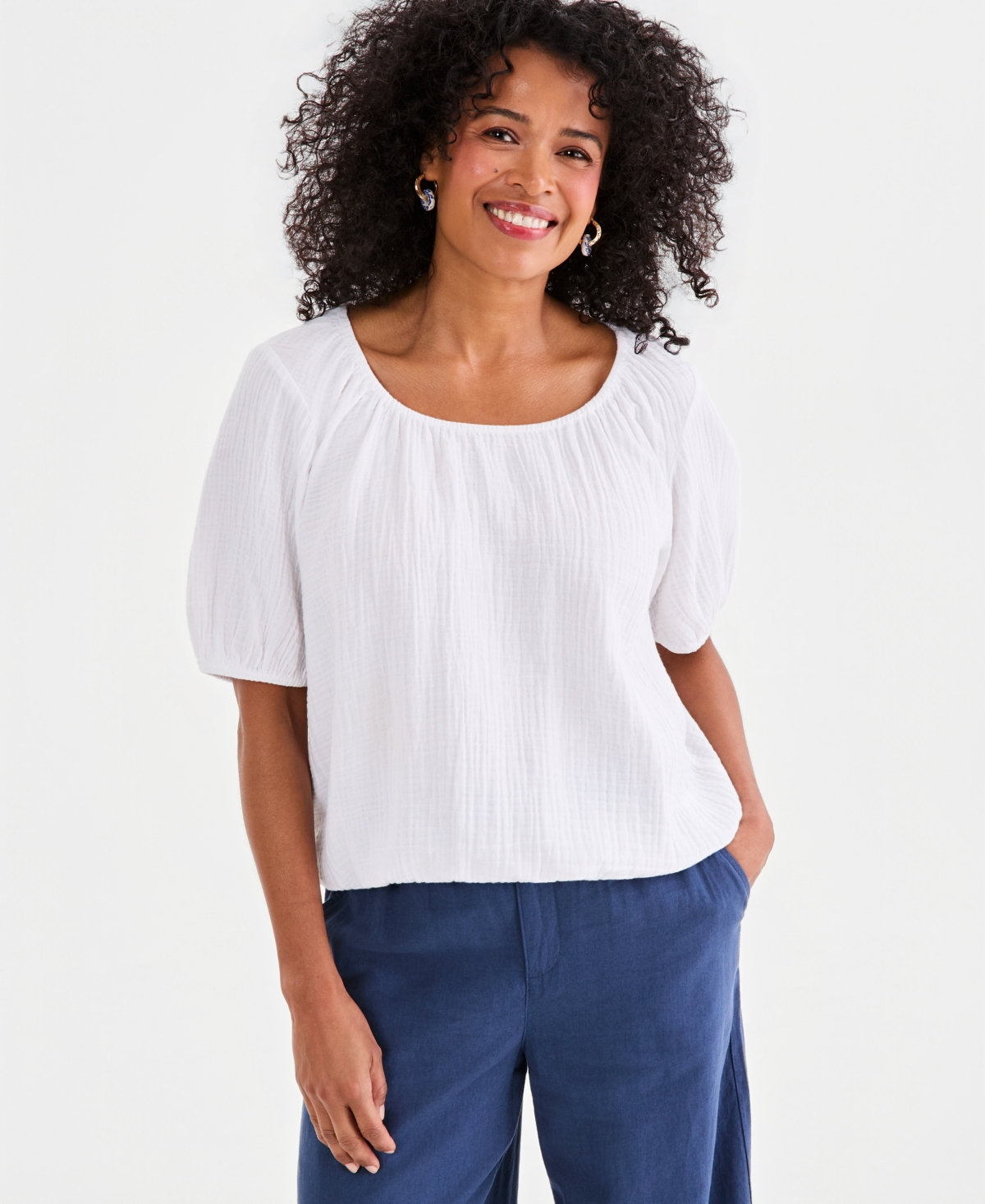 Click here for Style & Co Womens Cotton Gauze Bubble Top  Macys E... prices