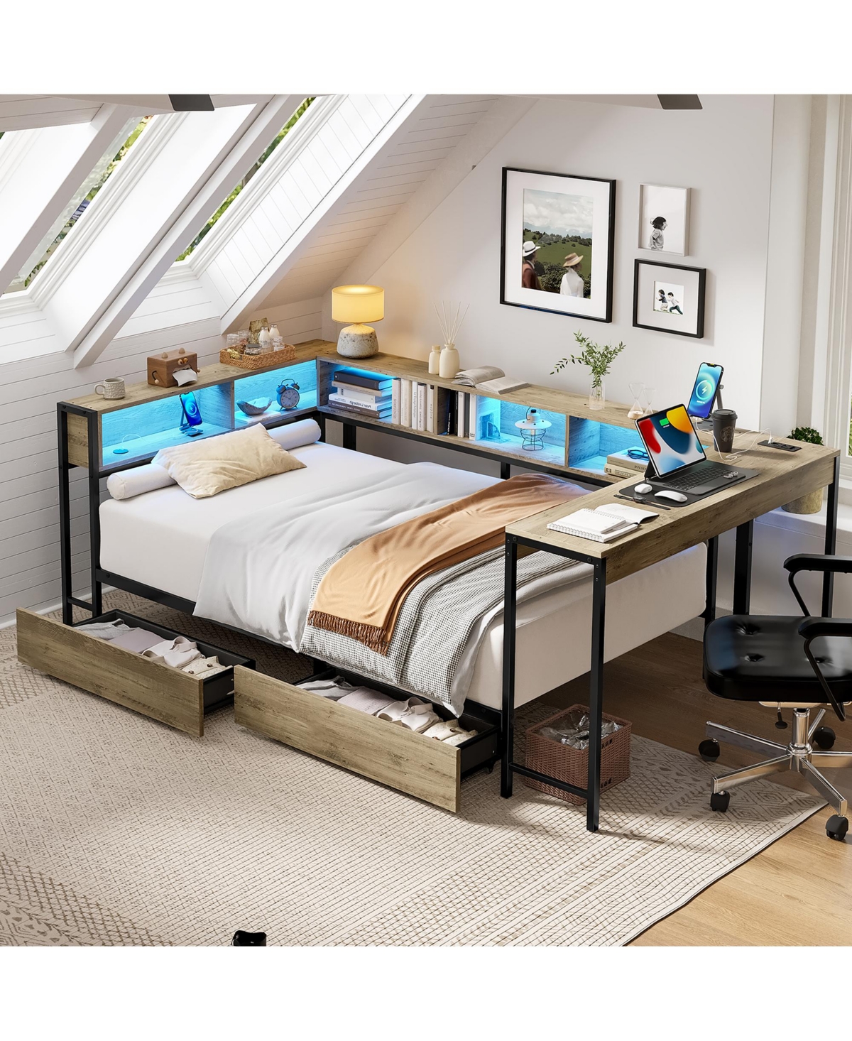 Click here for flynama Corner Bed Frame With Bookcase Led Lights... prices