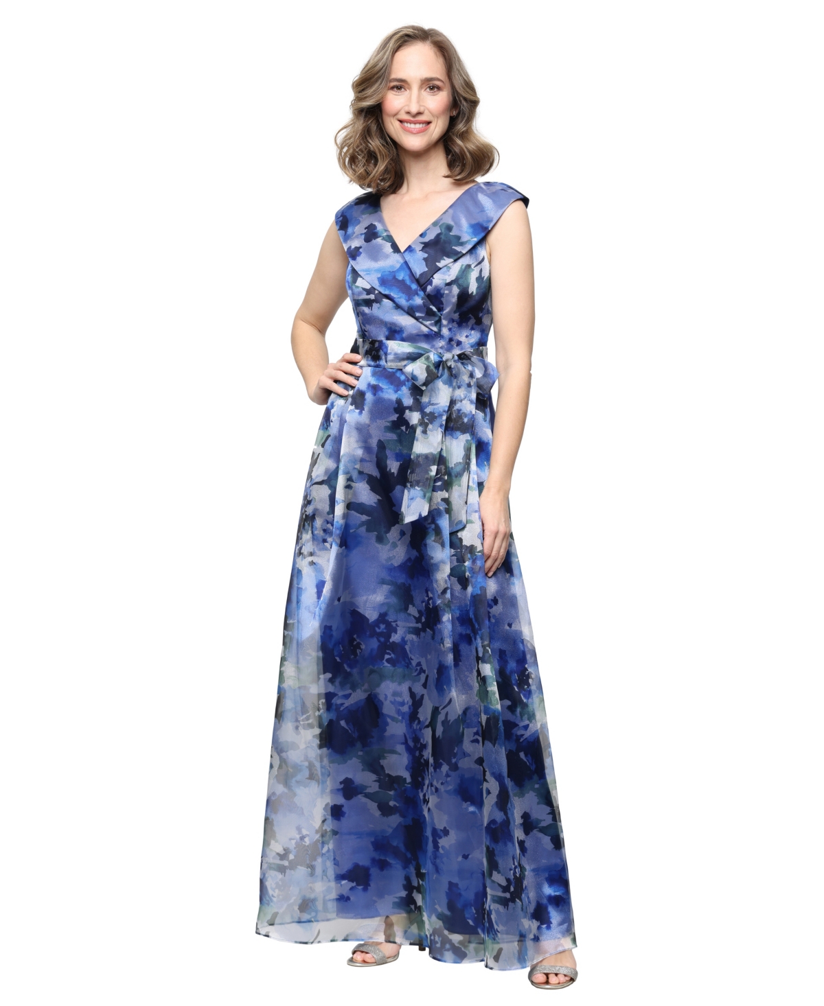 Click here for Alex Evenings Printed V-Neck Long A-Line Gown - Bl... prices