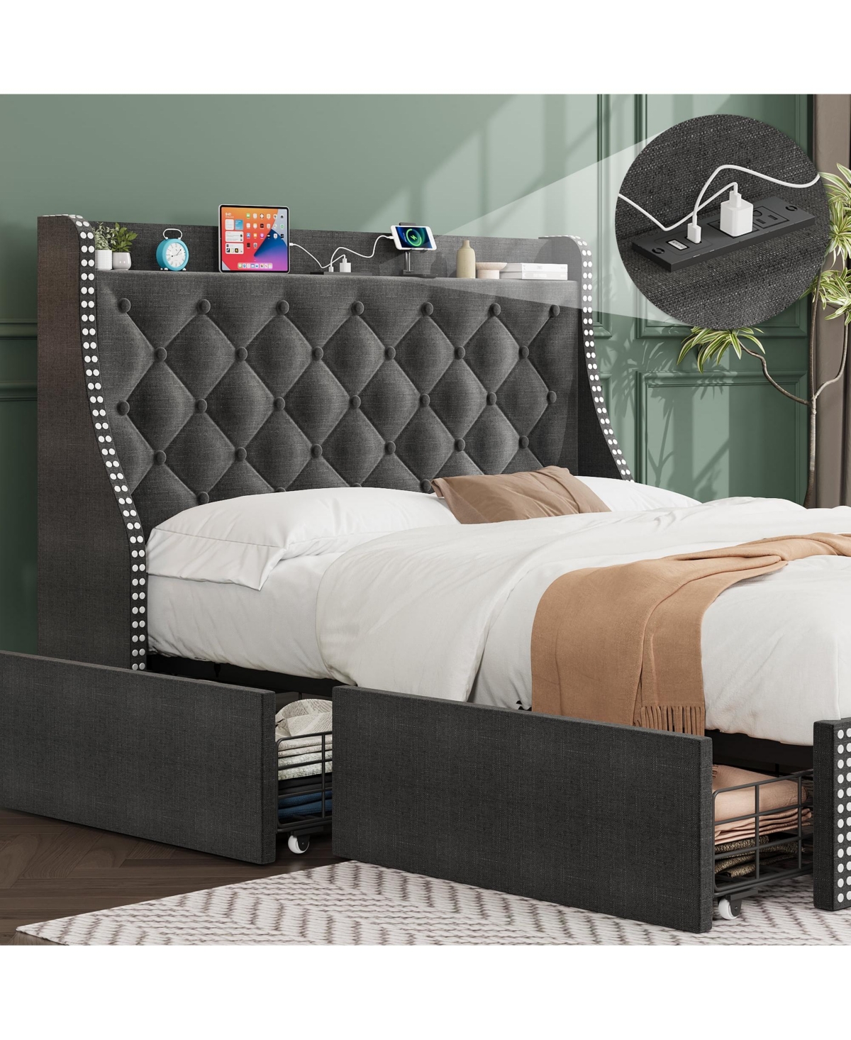 Click here for gaomon Full Bed Frame with Wingback Headboard & 4... prices