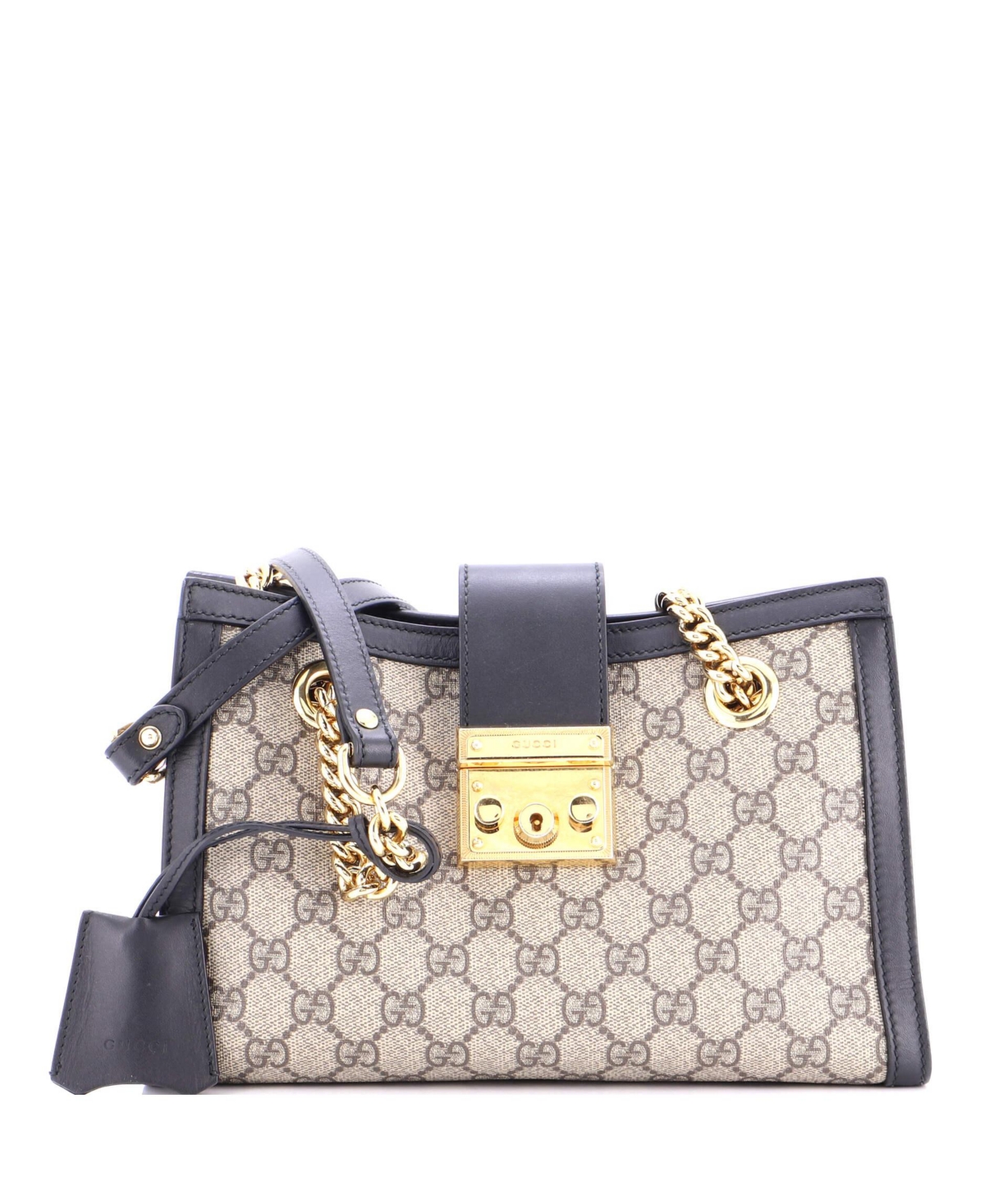 Click here for Pre-Owned Gucci Small Padlock Chain Tote Gg Coated... prices
