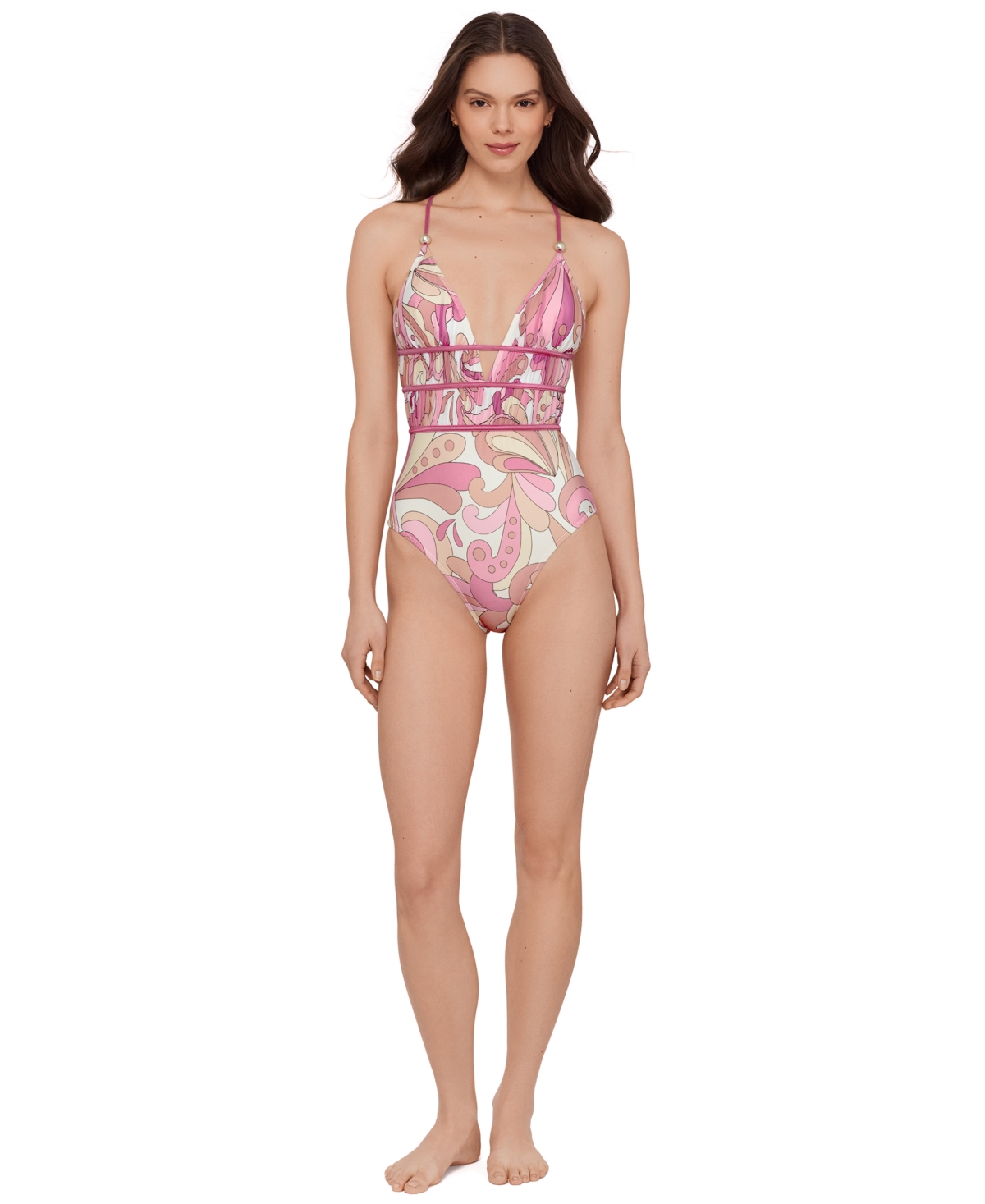 Click here for Steve Madden Womens Ruched Lace Back One-Piece Swi... prices