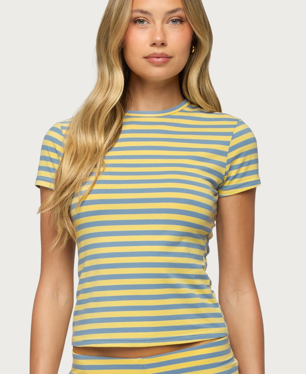 Click here for Edikted Womens Isara Striped T Shirt - Blue-and-ye... prices