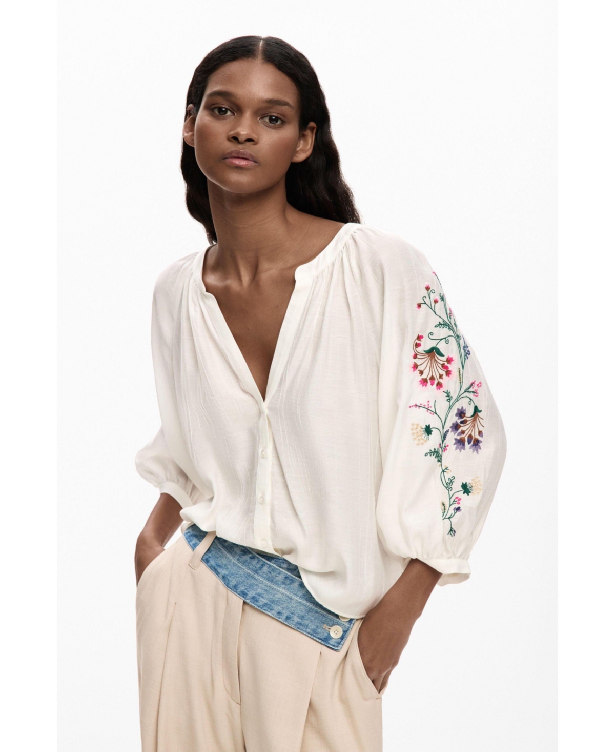 Click here for Desigual Womens Blouse Embroidered Sleeves - White prices