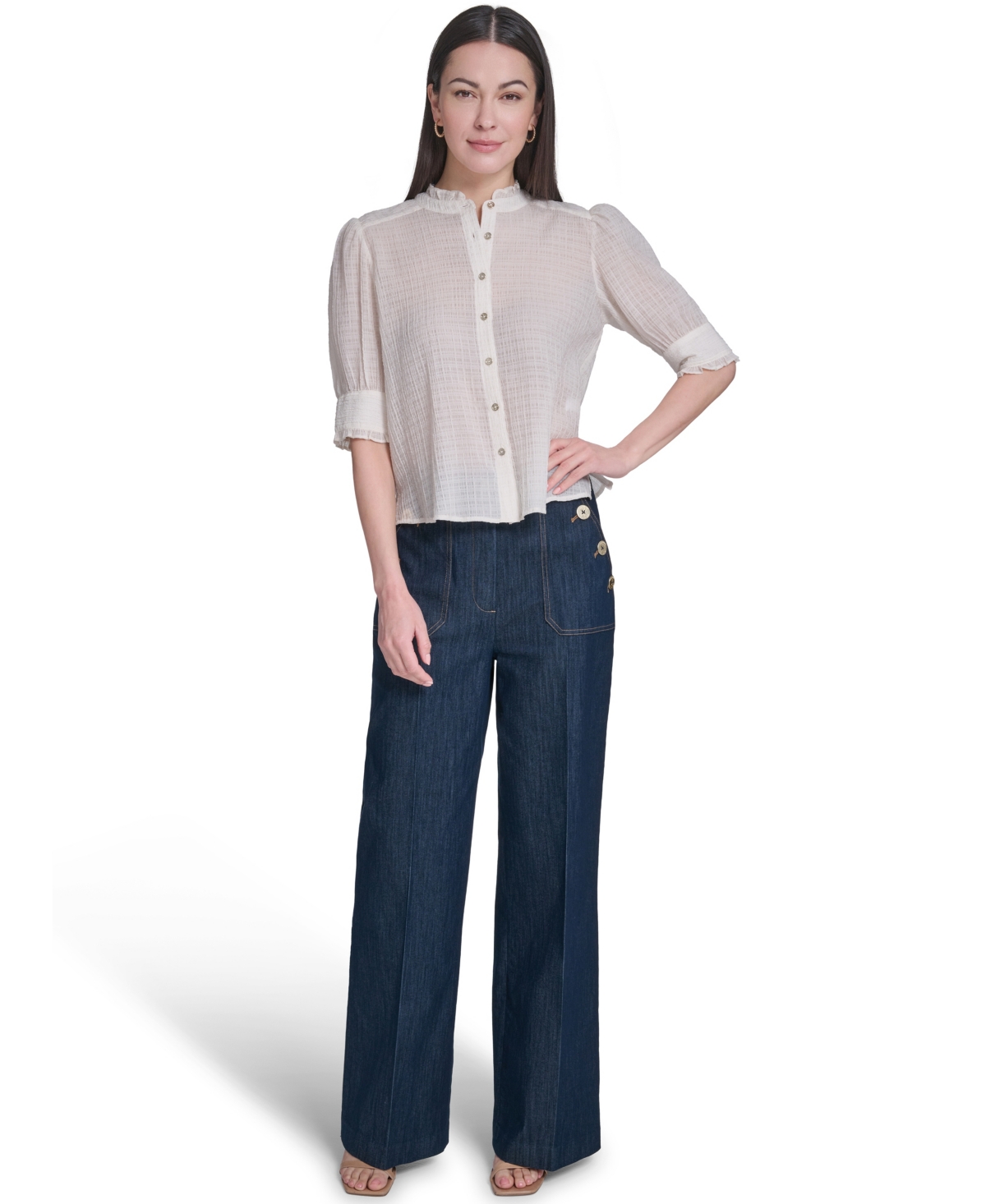 Click here for Tommy Hilfiger Womens Puff-Sleeve Button-Front Top... prices