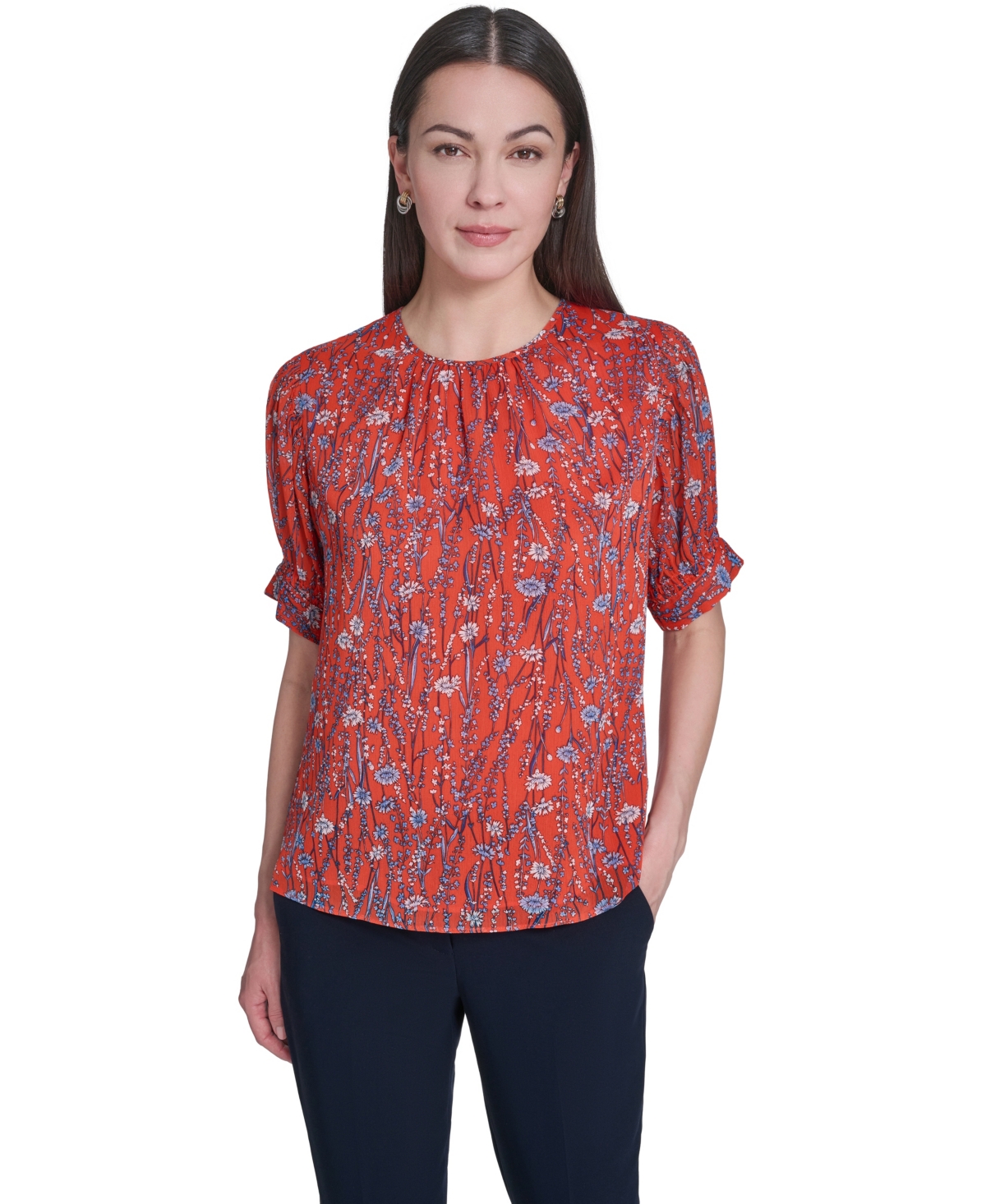 Click here for Tommy Hilfiger Womens Floral Crew Neck Puff-Sleeve... prices