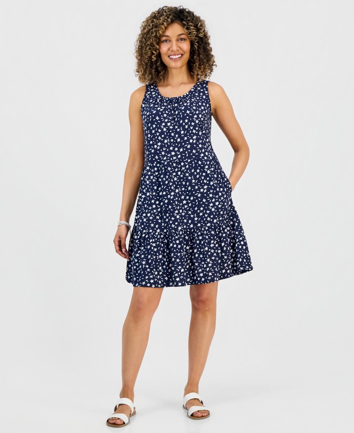 Click here for Style & Co Petite Printed Round-Neck Tiered Tank D... prices