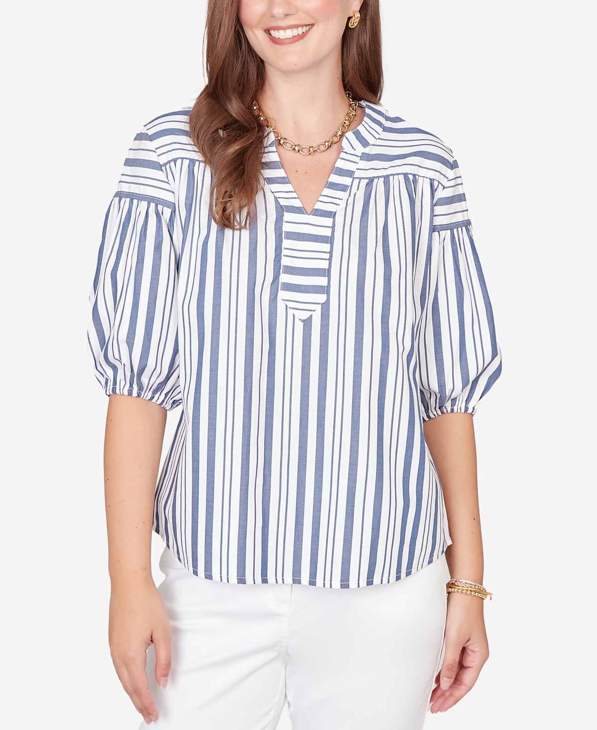 Click here for Ruby Rd. Petite Striped Cotton Poplin Elastic-Cuff... prices