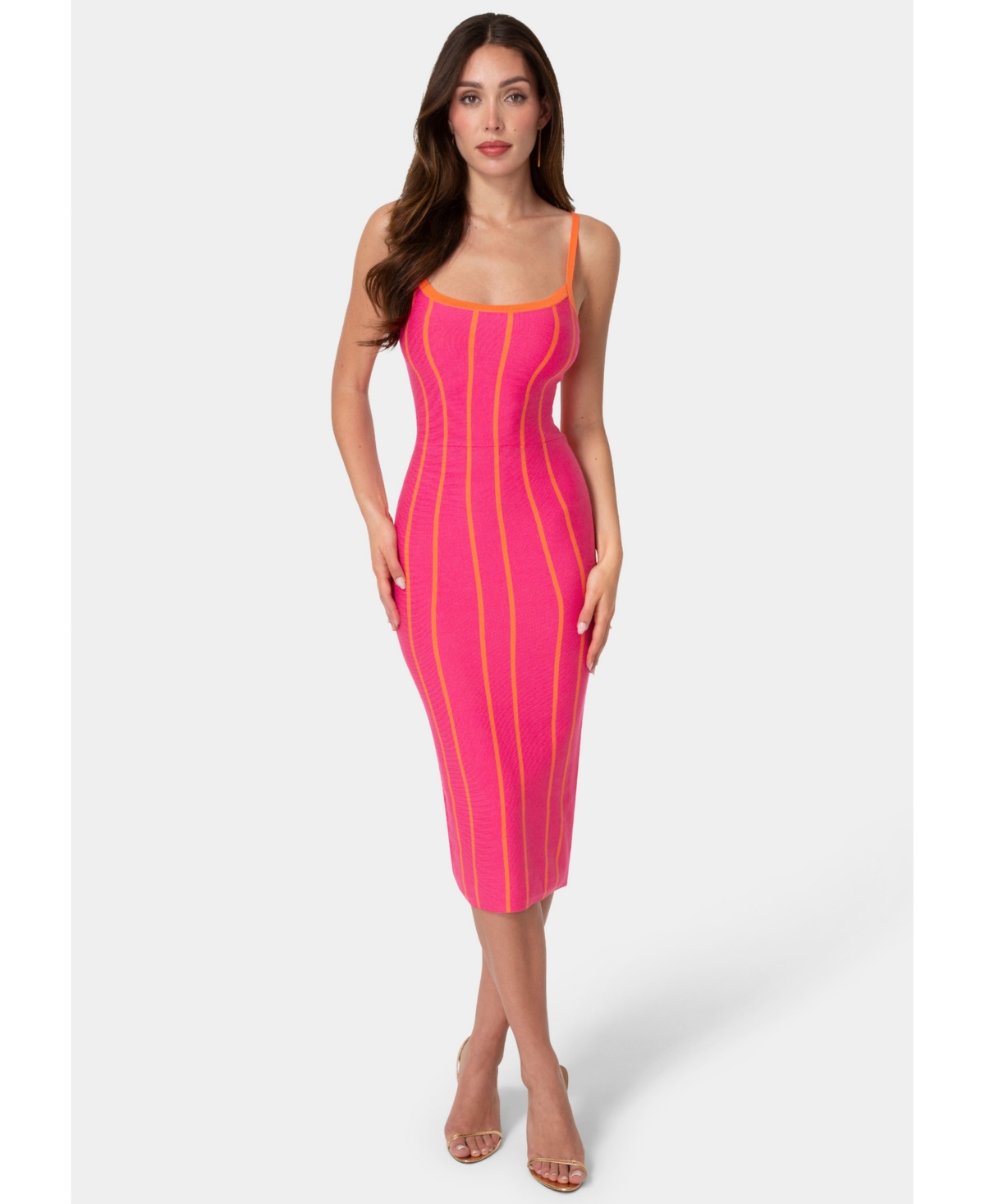 Click here for Bebe Womens Stripe Knit Bodycon Midi Dress - Orang... prices
