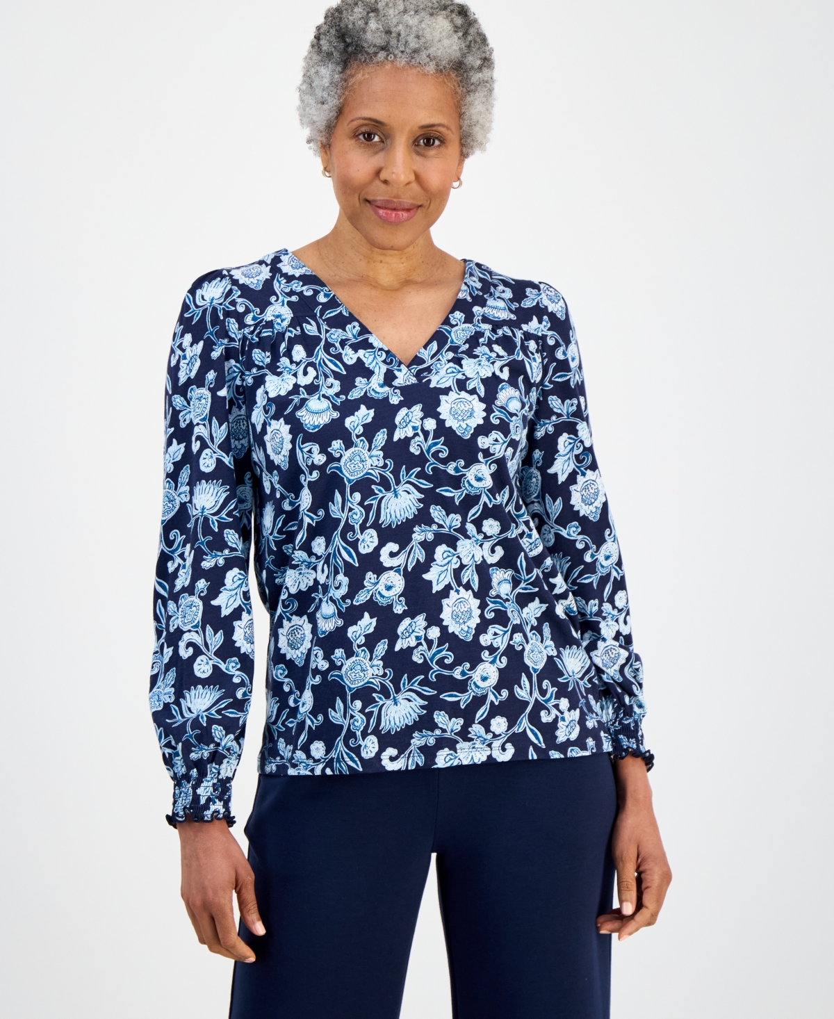 Click here for Style & Co Petite Fresh Paisley V-Neck Long-Sleeve... prices