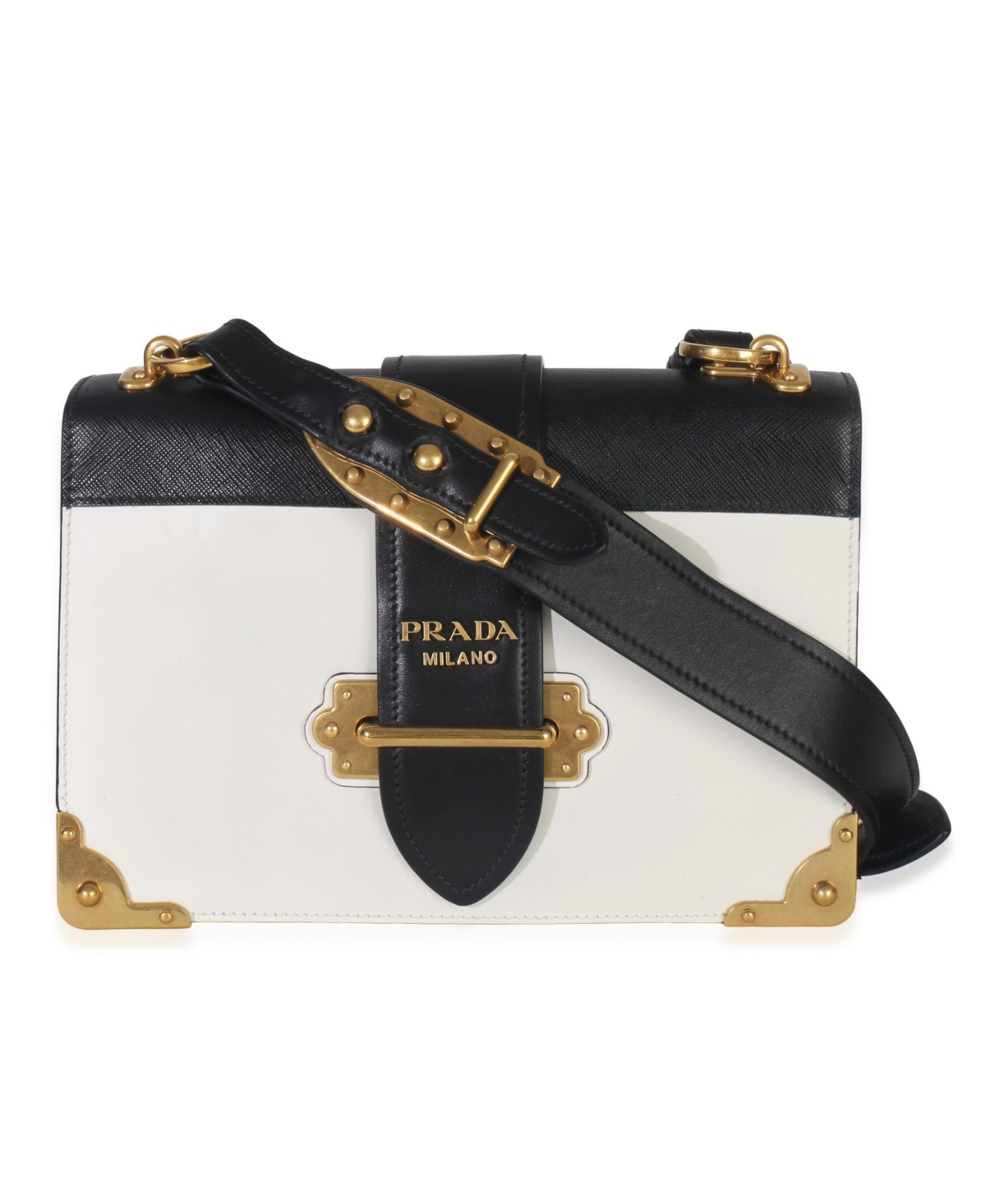 Click here for Pre-Owned Prada White Black City Calf Saffiano Cah... prices