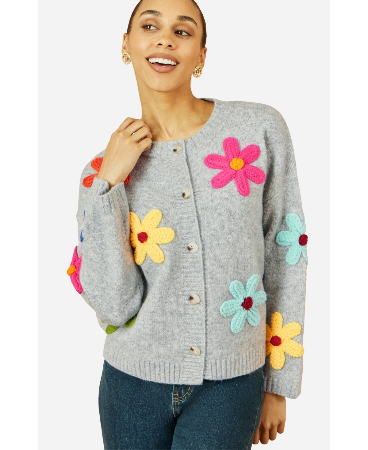 Click here for Yumi Womens Knit Floral Cardigan - Grey prices