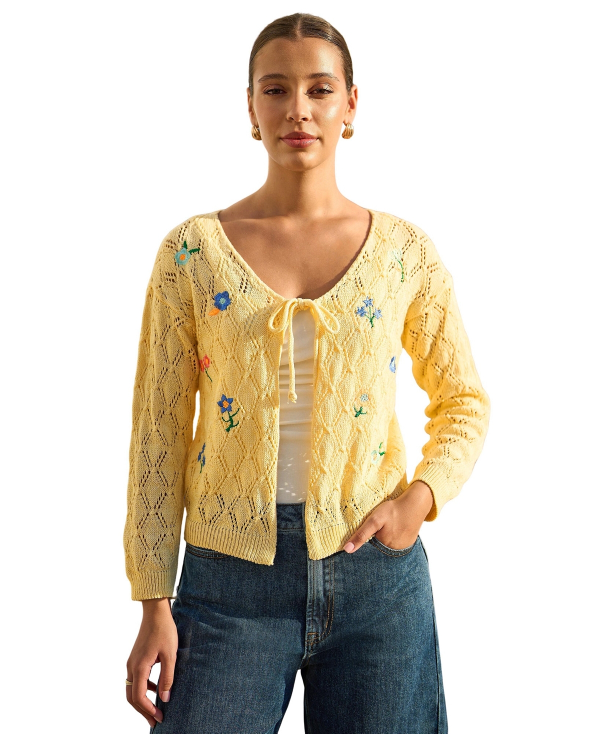 Click here for Yumi Womens Embroidered Pointelle Cardigan - Butte... prices
