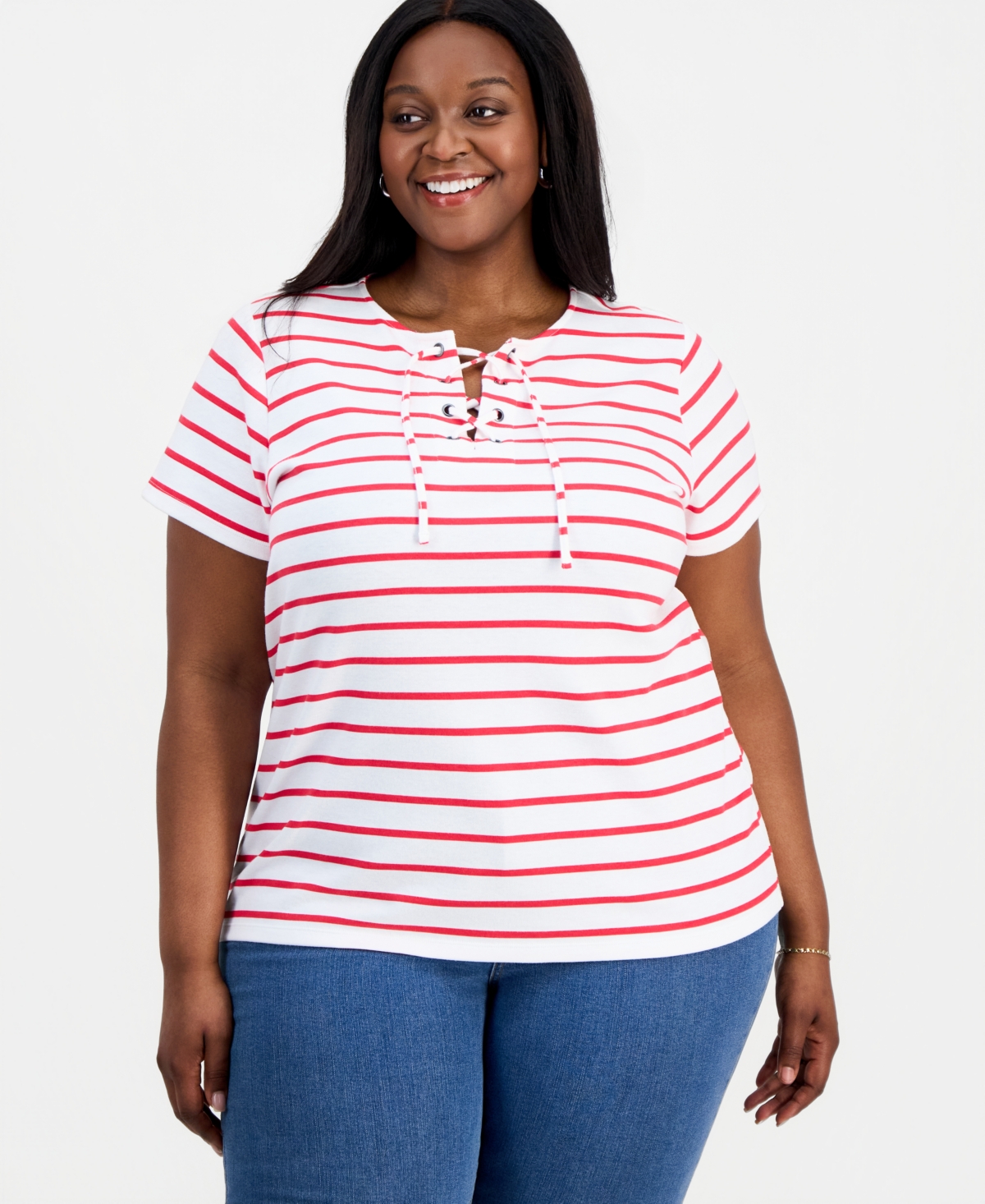 Click here for Style & Co Plus Size Striped Lace-Up Short-Sleeve... prices