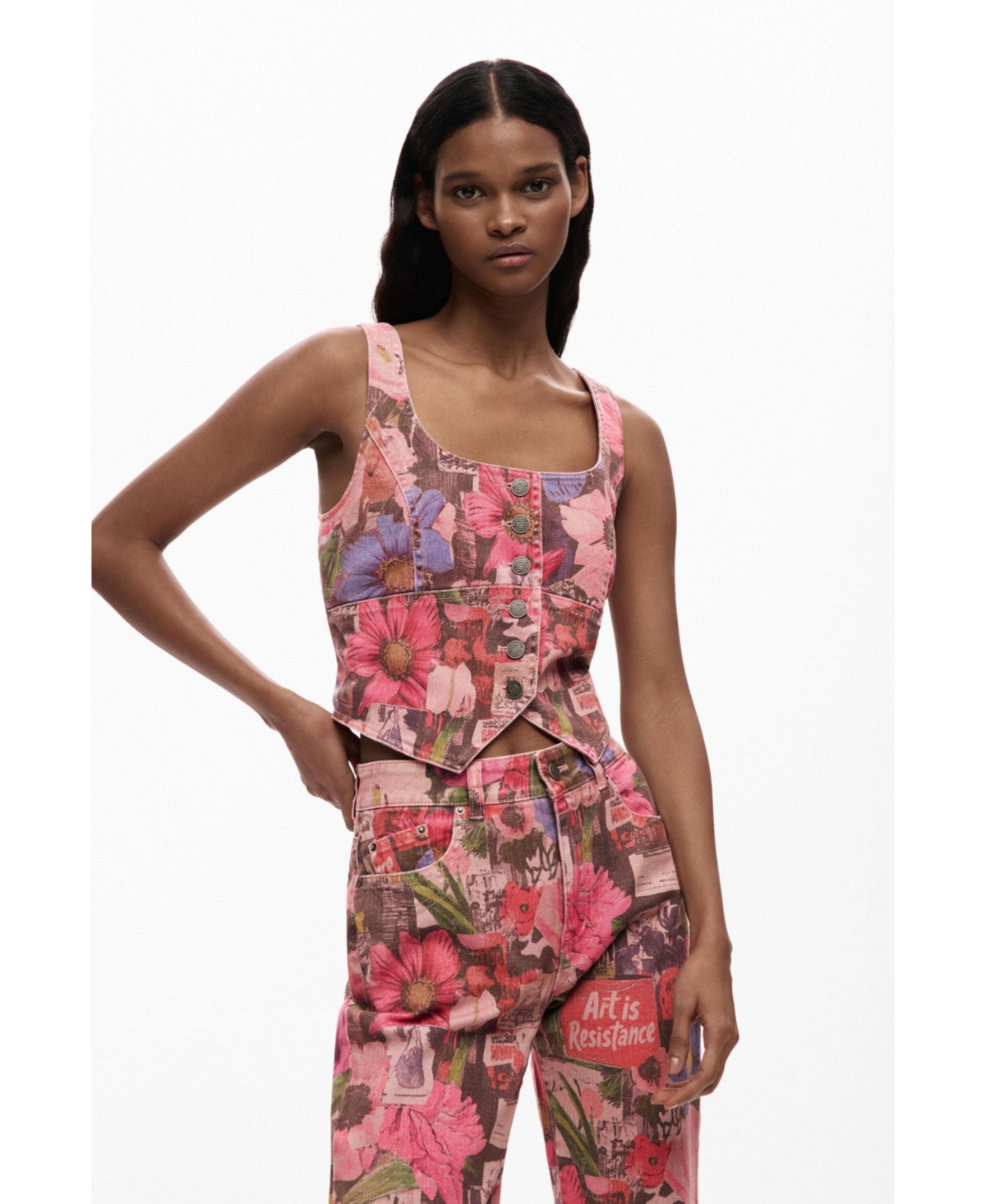 Click here for Desigual Womens Printed denim corset - Pink prices