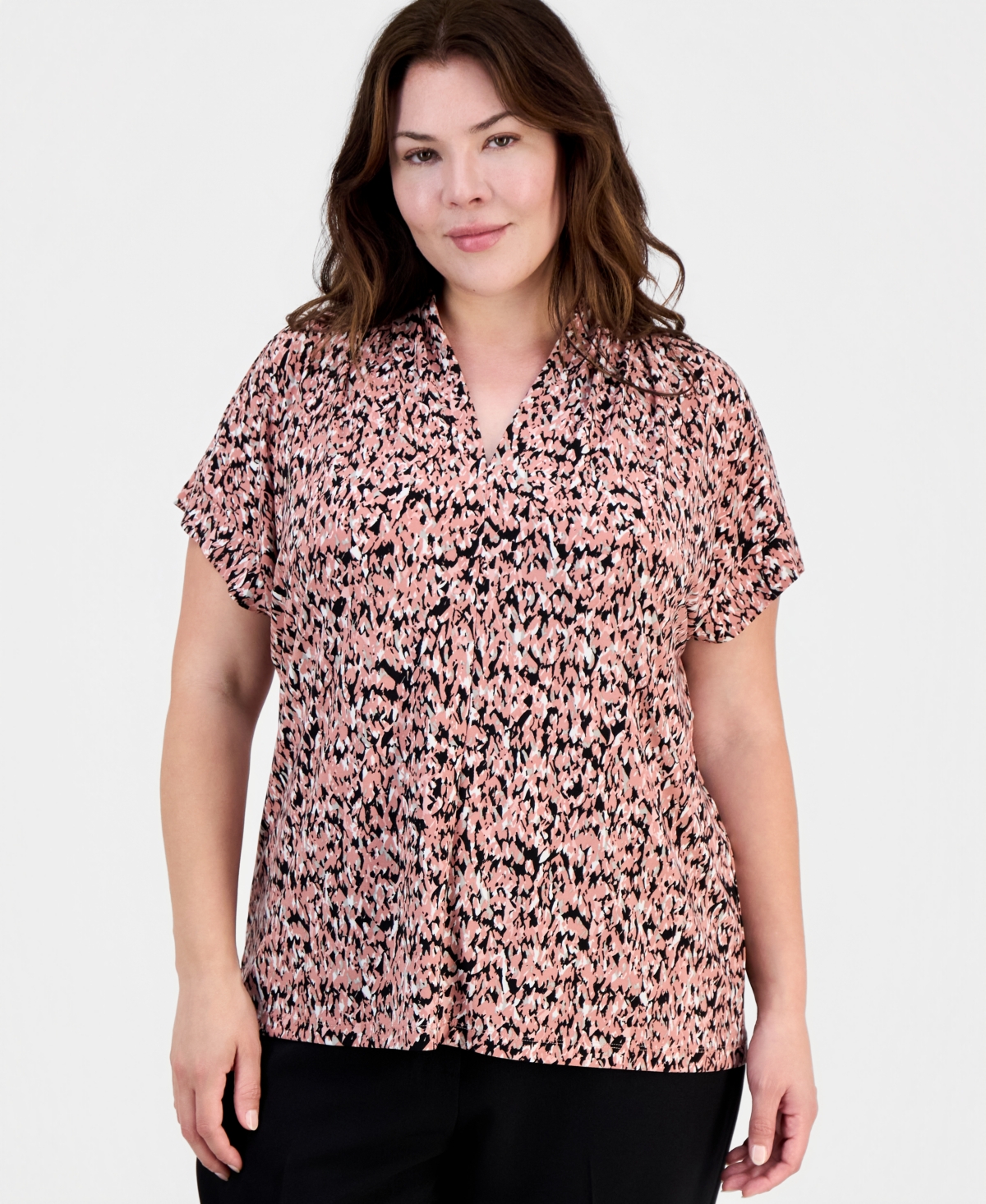 Click here for Kasper Plus Size Printed Gathered V-Neck Top - Tea... prices