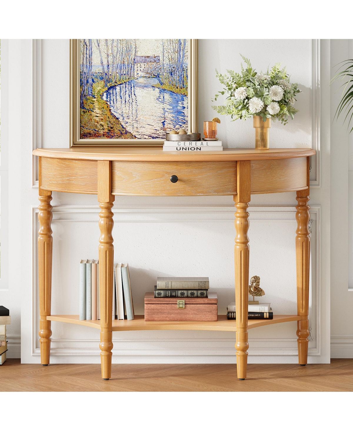 Click here for Fynama Half Moon Console Table Drawer Shelf Rustic... prices