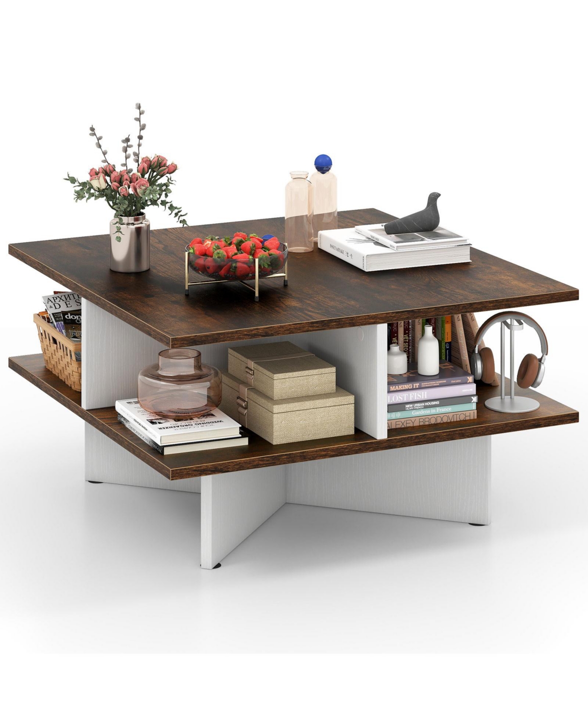 Click here for Gouun 2-Tier Square Coffee Table with 4 Storage Co... prices