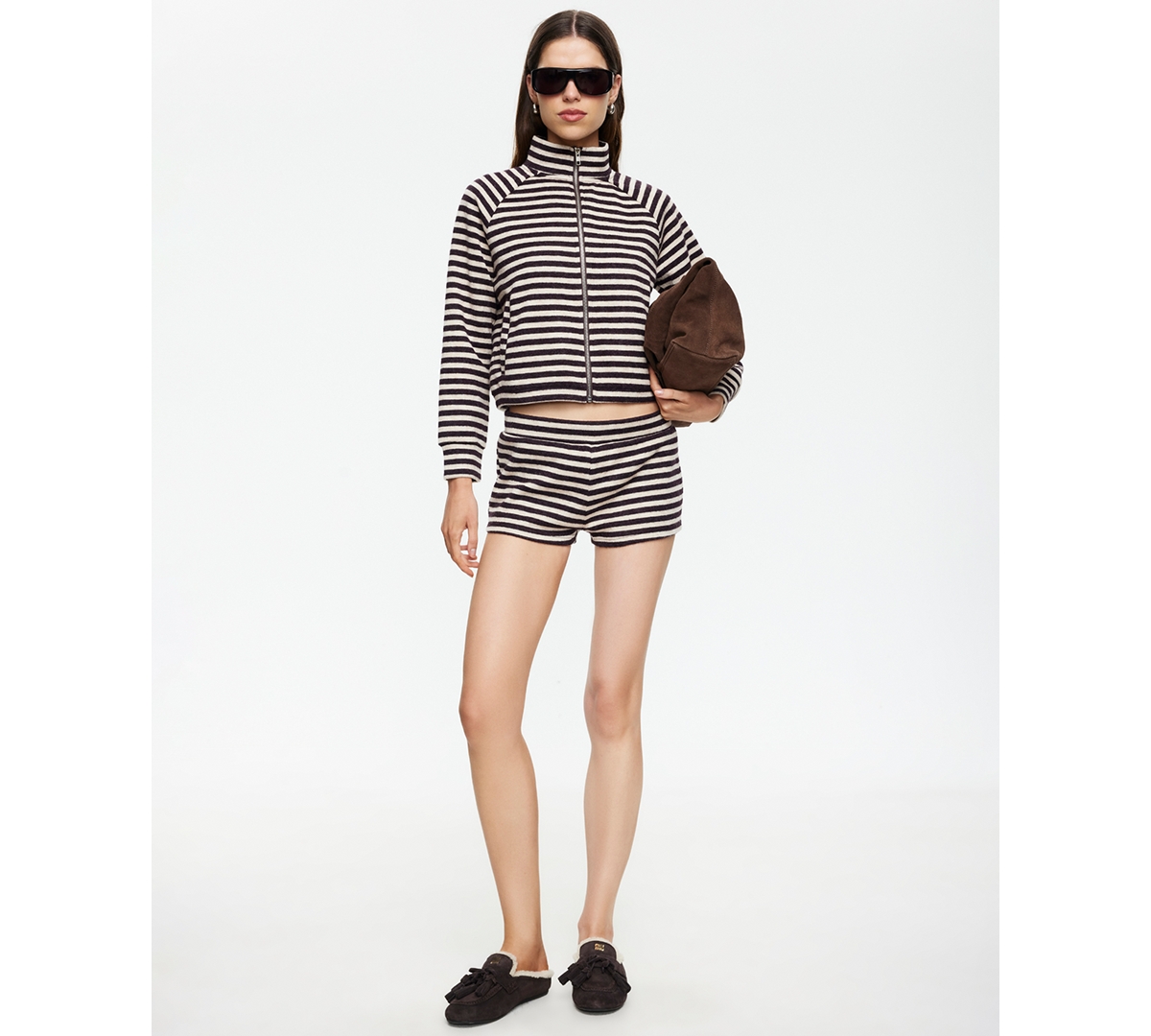 Click here for Lioness Womens Striped Funnel Neck Jacket - Beige... prices