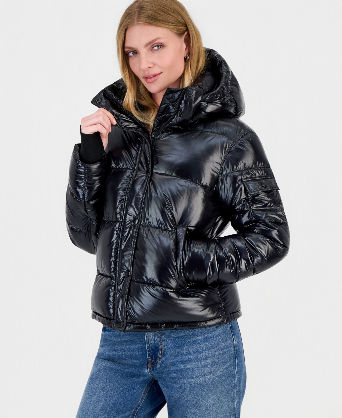 Click here for S13 Womens Ella Hooded Thumbhole-Cuff Shine Puffer... prices