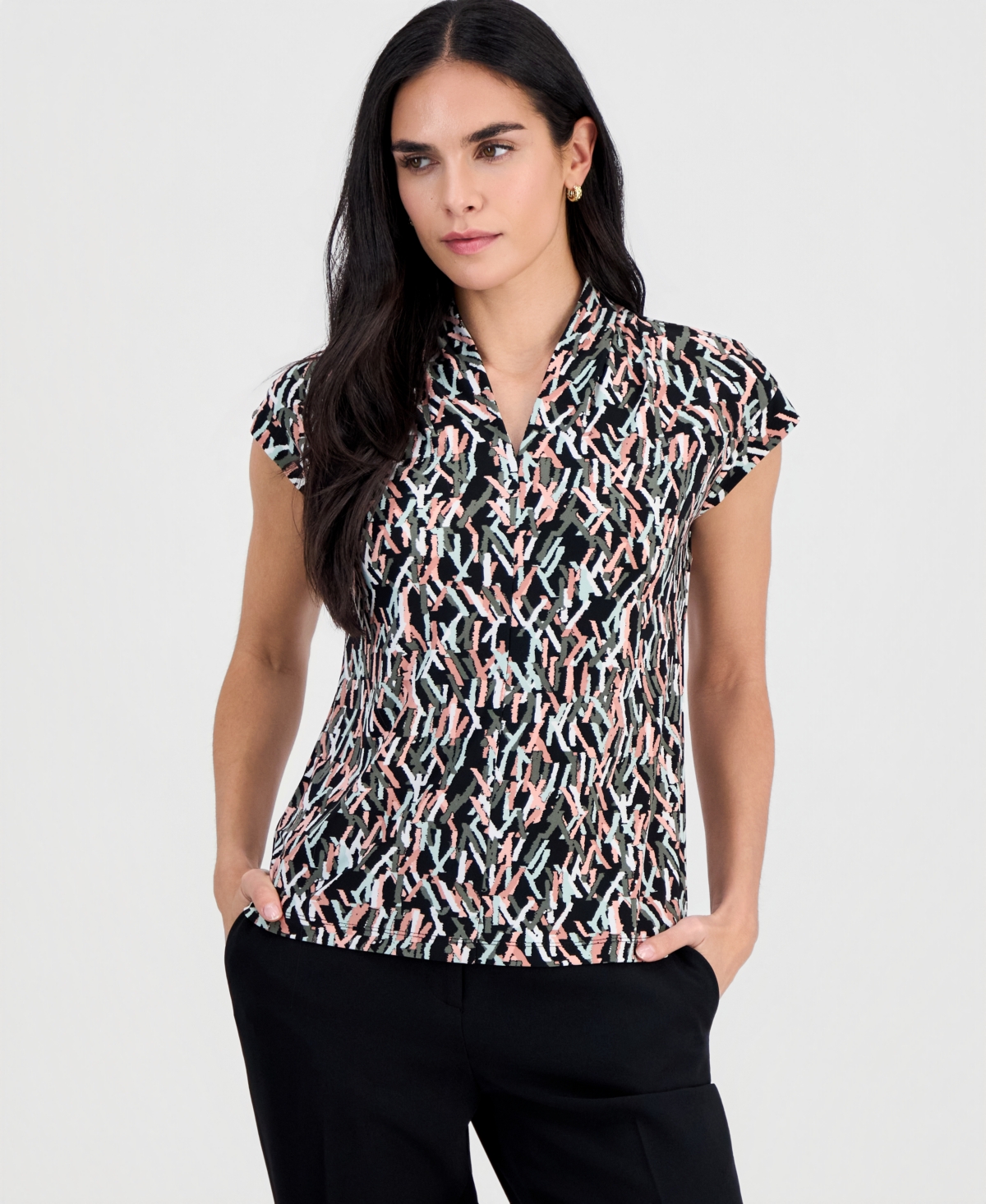 Click here for Kasper Petite Printed V-Neck Cap-Sleeve Blouse - B... prices