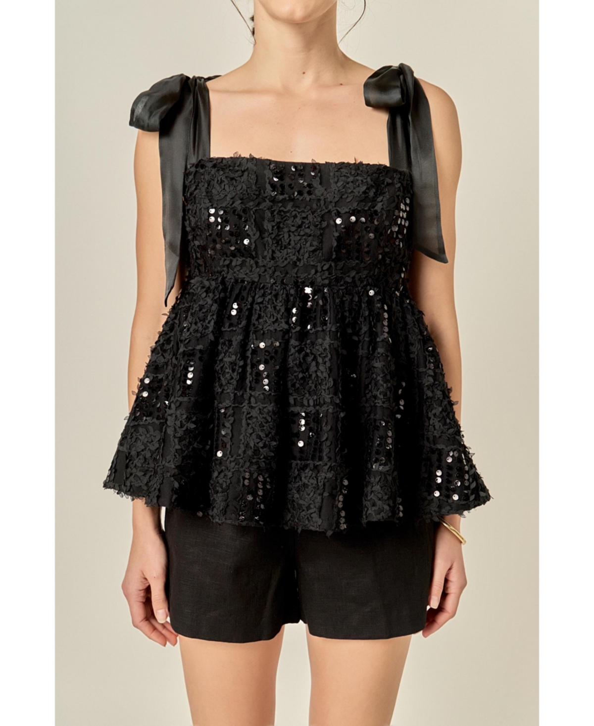 Click here for English Factory Womens Sequins Bow Top - Black prices