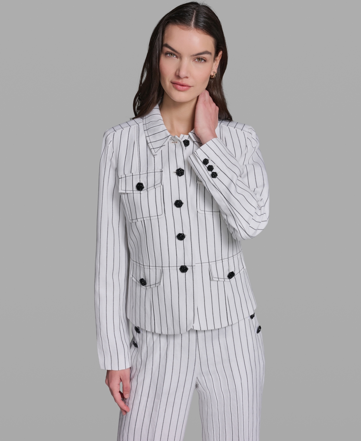 Click here for Karl Lagerfeld Paris Womens Striped Collared Jacke... prices