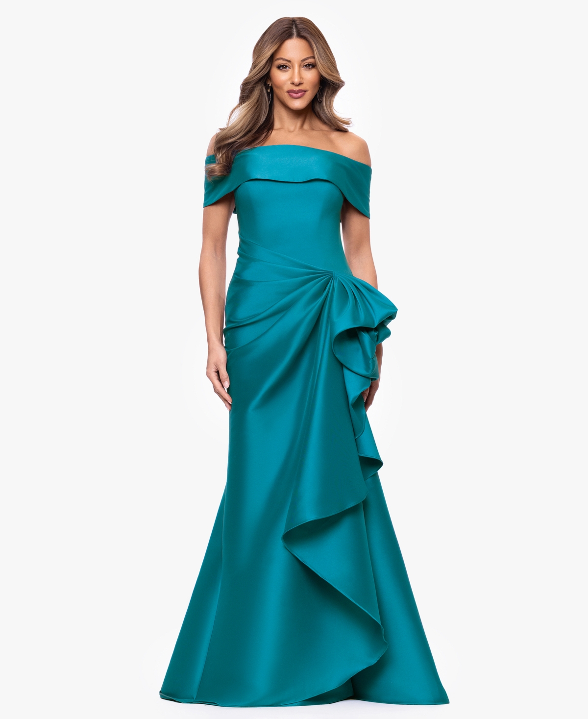 Click here for Xscape Womens Mikado Off-The-Shoulder Ruffle Ball... prices