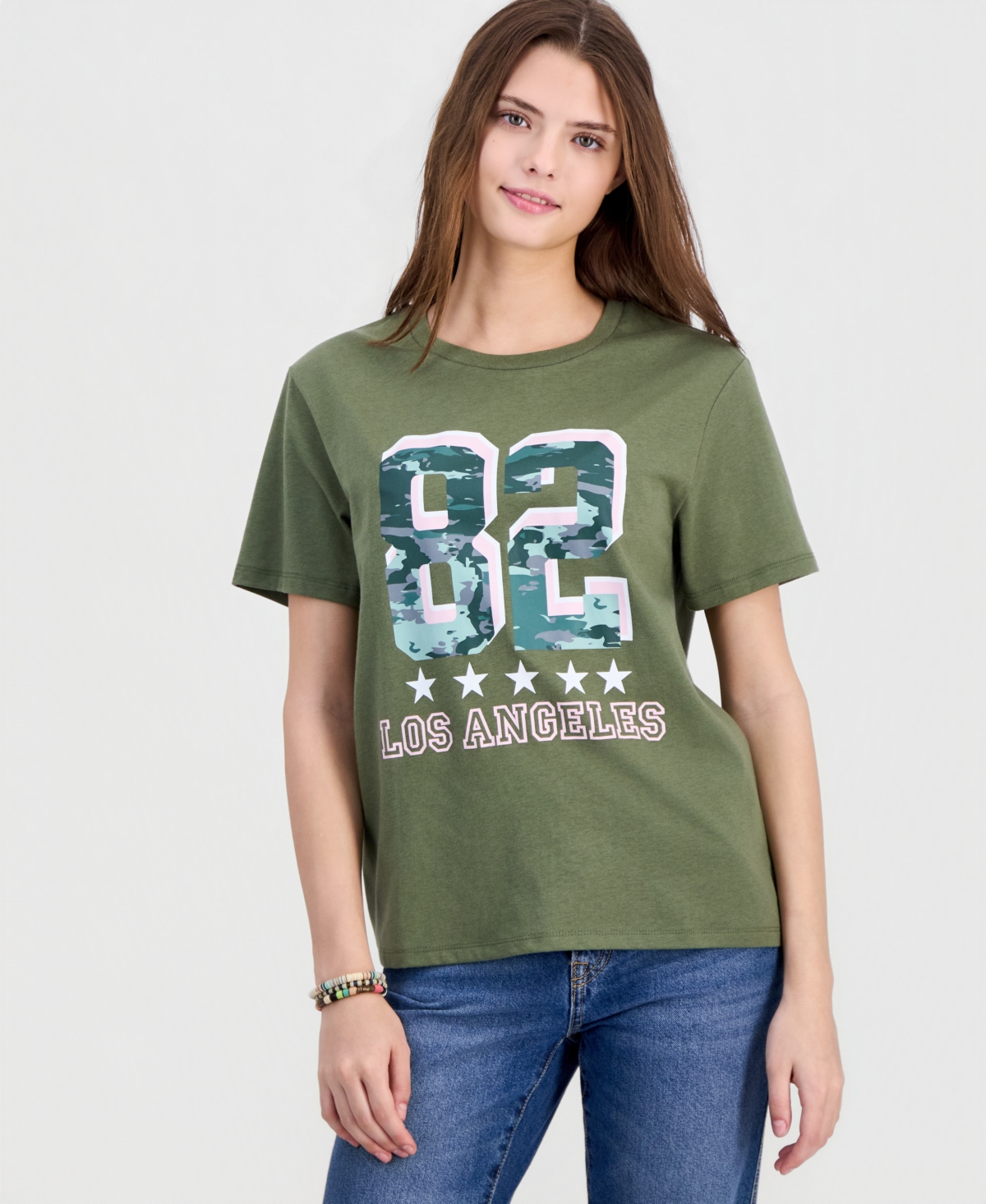 Click here for Love Tribe Juniors La Number Camo Crewneck Tee - O... prices