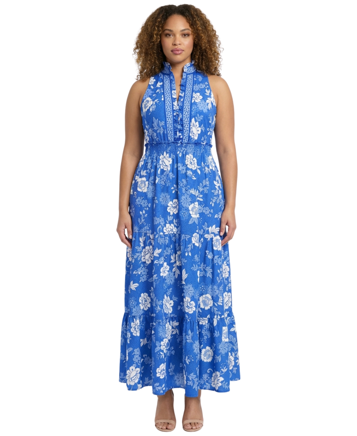 Click here for London Times Plus Size Ruffle Neck Printed Maxi Dr... prices