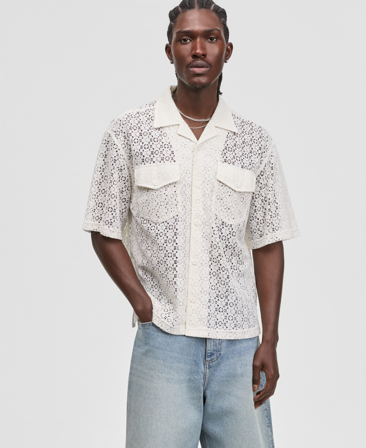 Click here for Mode of One Mens Floral Lace Relaxed-Fit Camp Shir... prices
