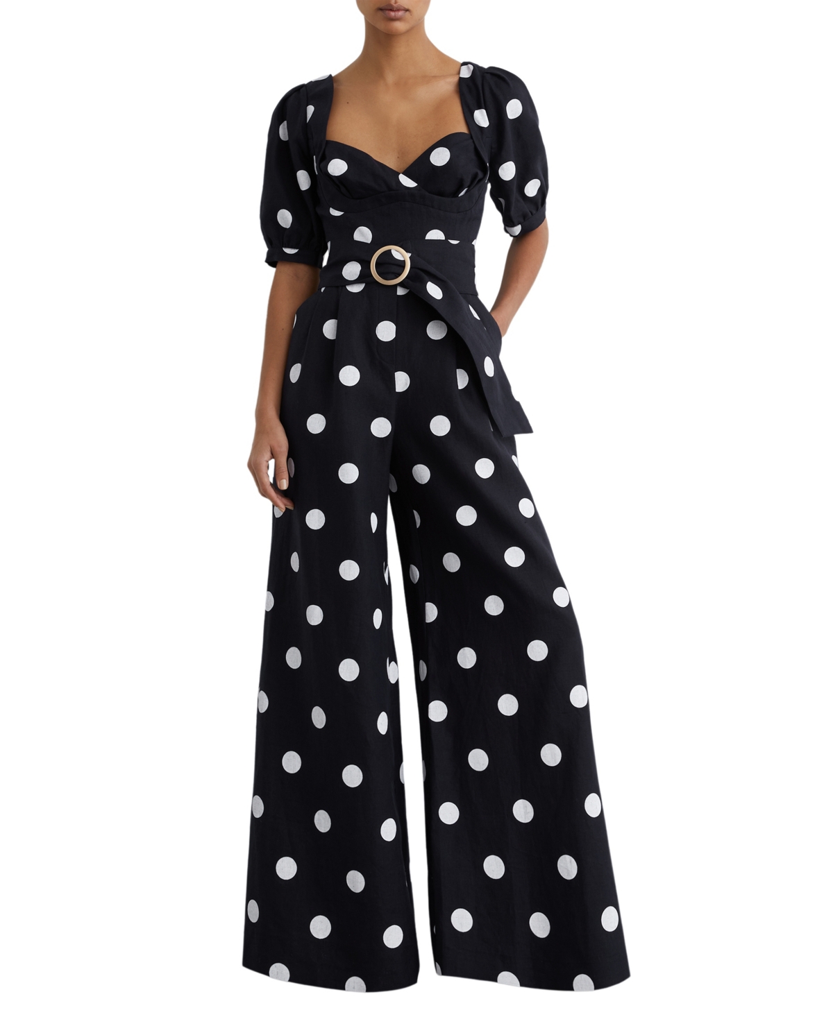 Click here for Reiss Womens Brook Linen Polka-Dot Wide-Leg Jumpsu... prices