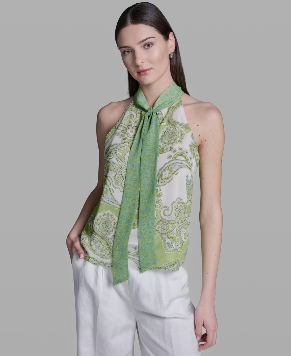 Click here for Bcbg Womens Sleeveless Tie-Neck Blouse - Citrus Tw... prices