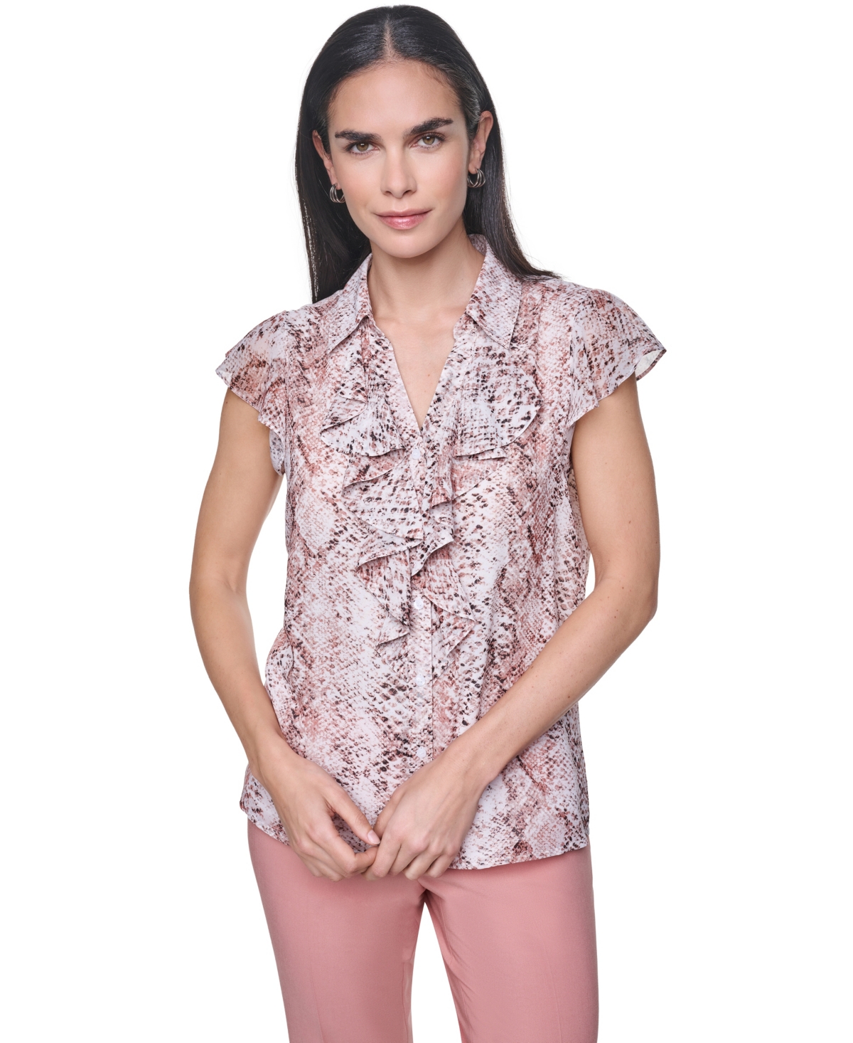 Click here for Calvin Klein Womens Collared Ruffle Front Blouse -... prices