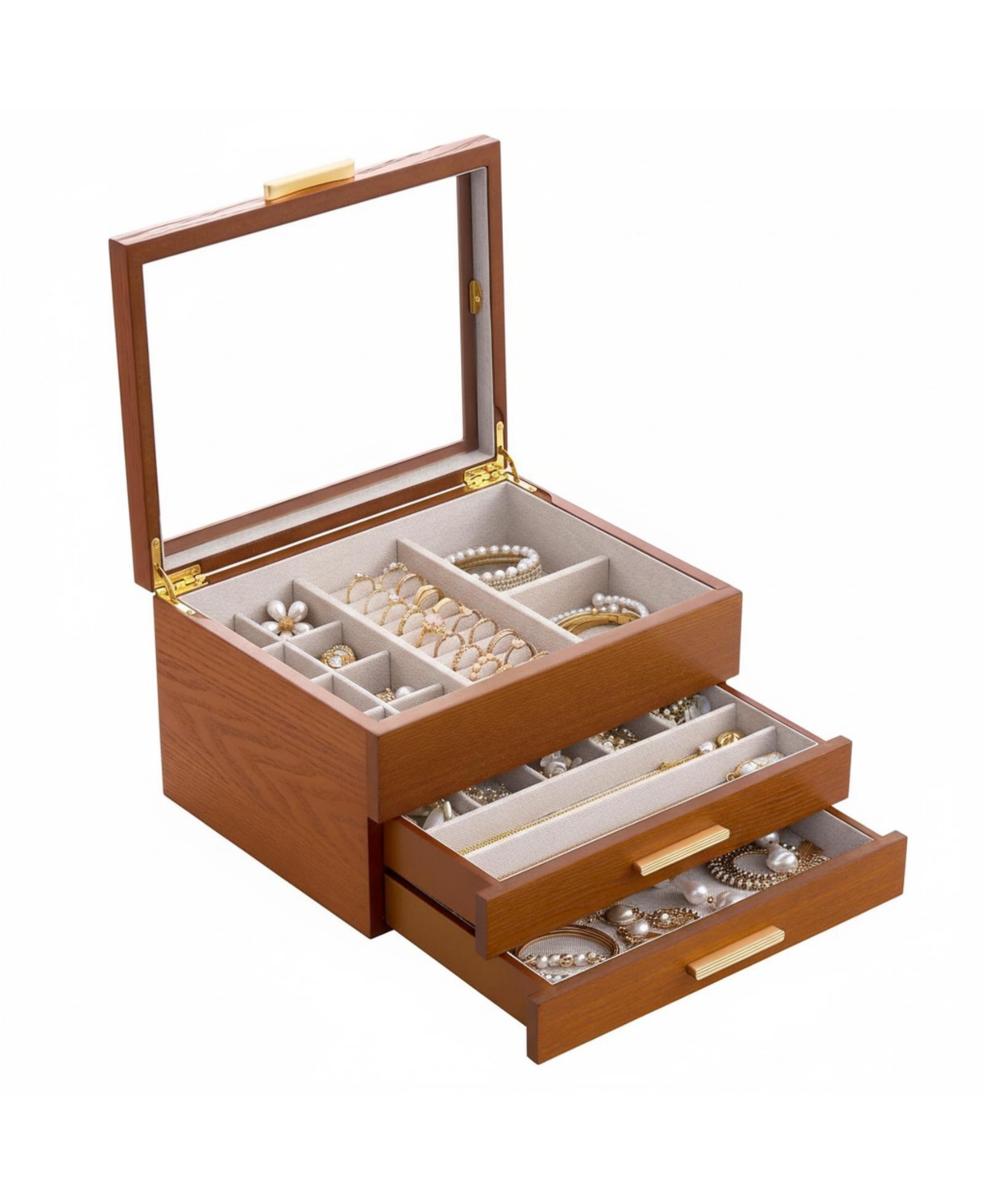 Click here for Yigii 3-Layer Clear Window Wood Grain Jewelry Orga... prices
