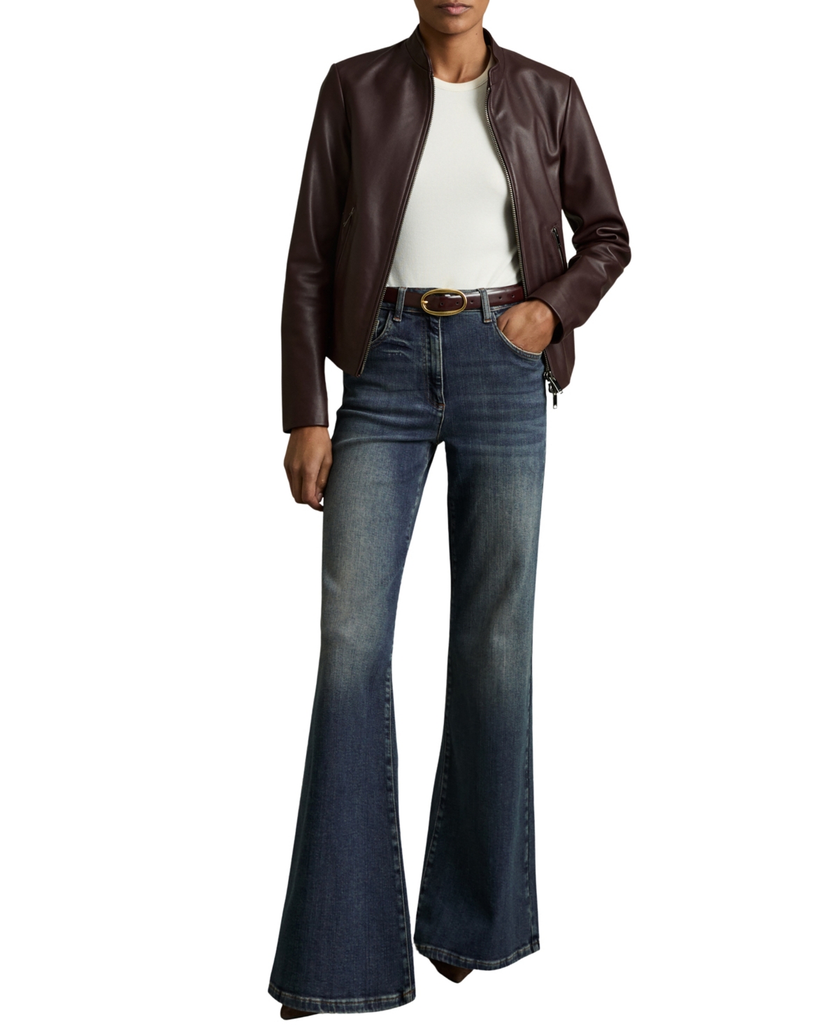 Click here for Reiss Womens Mid-Rise Flared Jeans - Mid Blue prices
