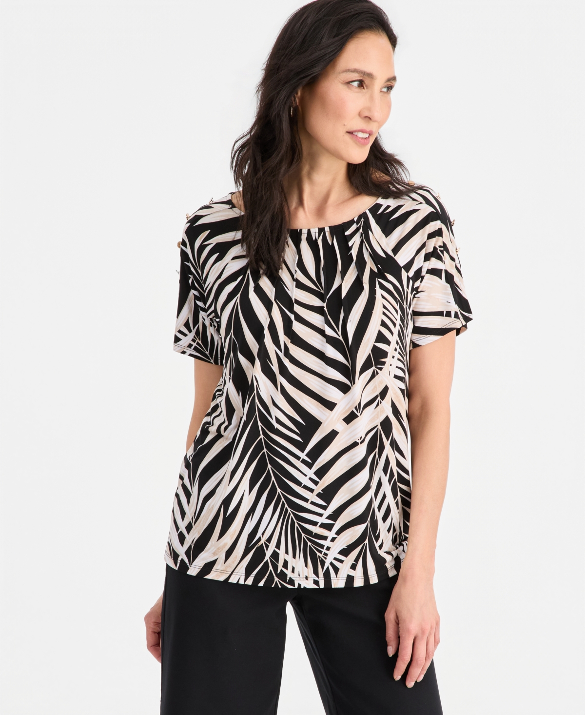Click here for Jm Collection Womens Pleated Scoop-neck Button-Tri... prices