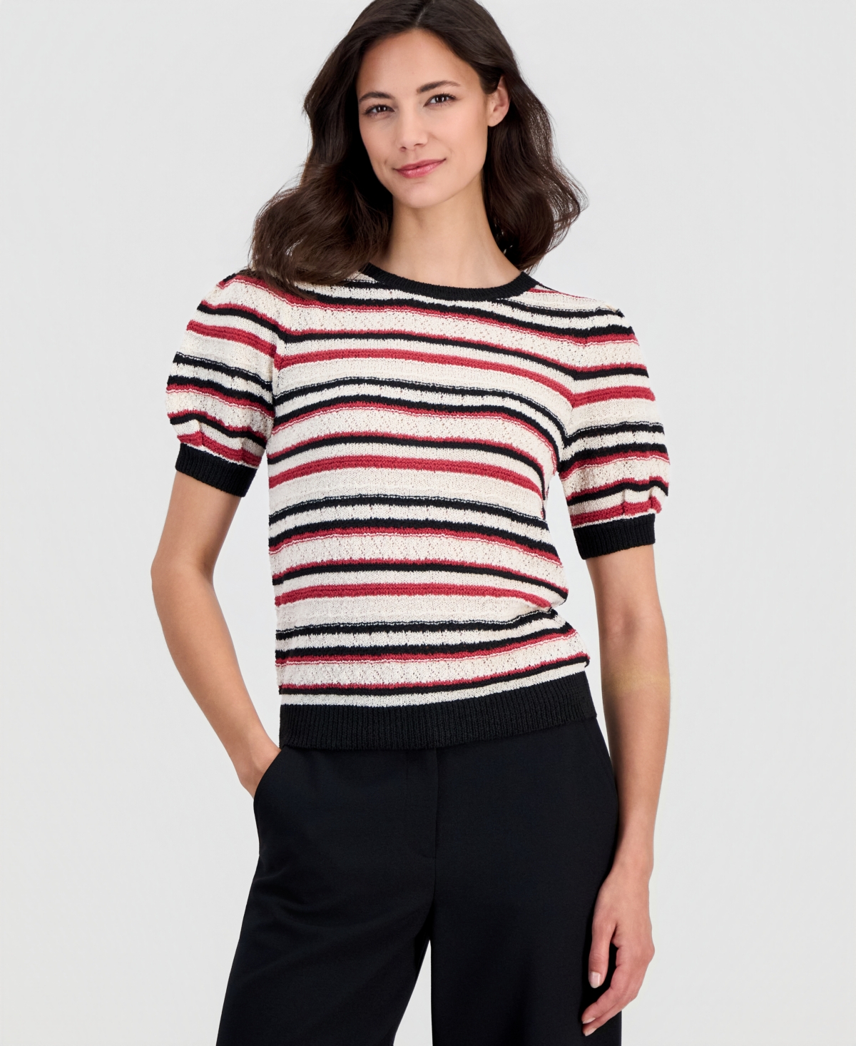 Click here for T Tahari Womens Striped Puff-Sleeve Pointelle-Knit... prices