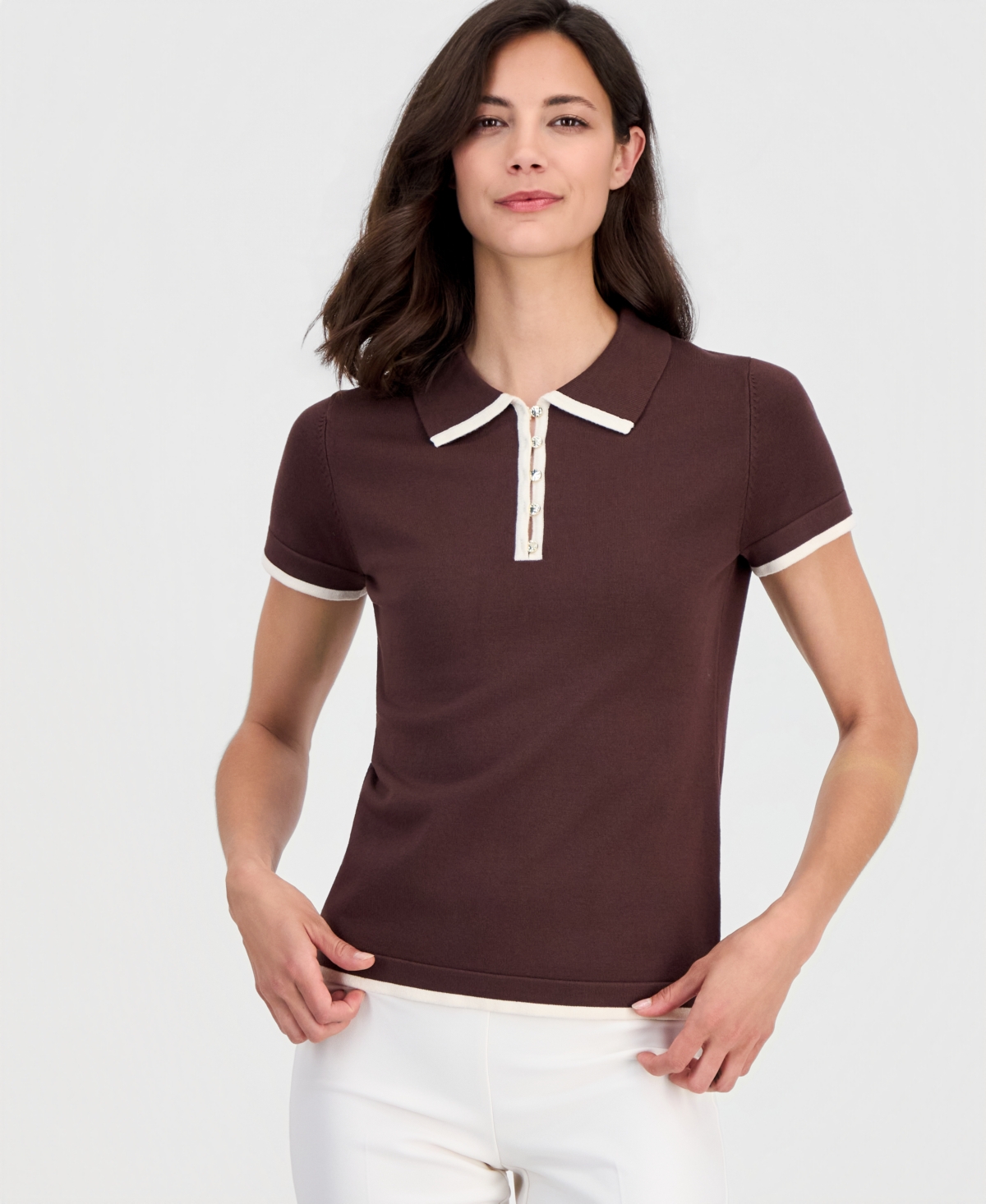 Click here for T Tahari Womens Polo-Collar Short-Sleeve Top - Coc... prices