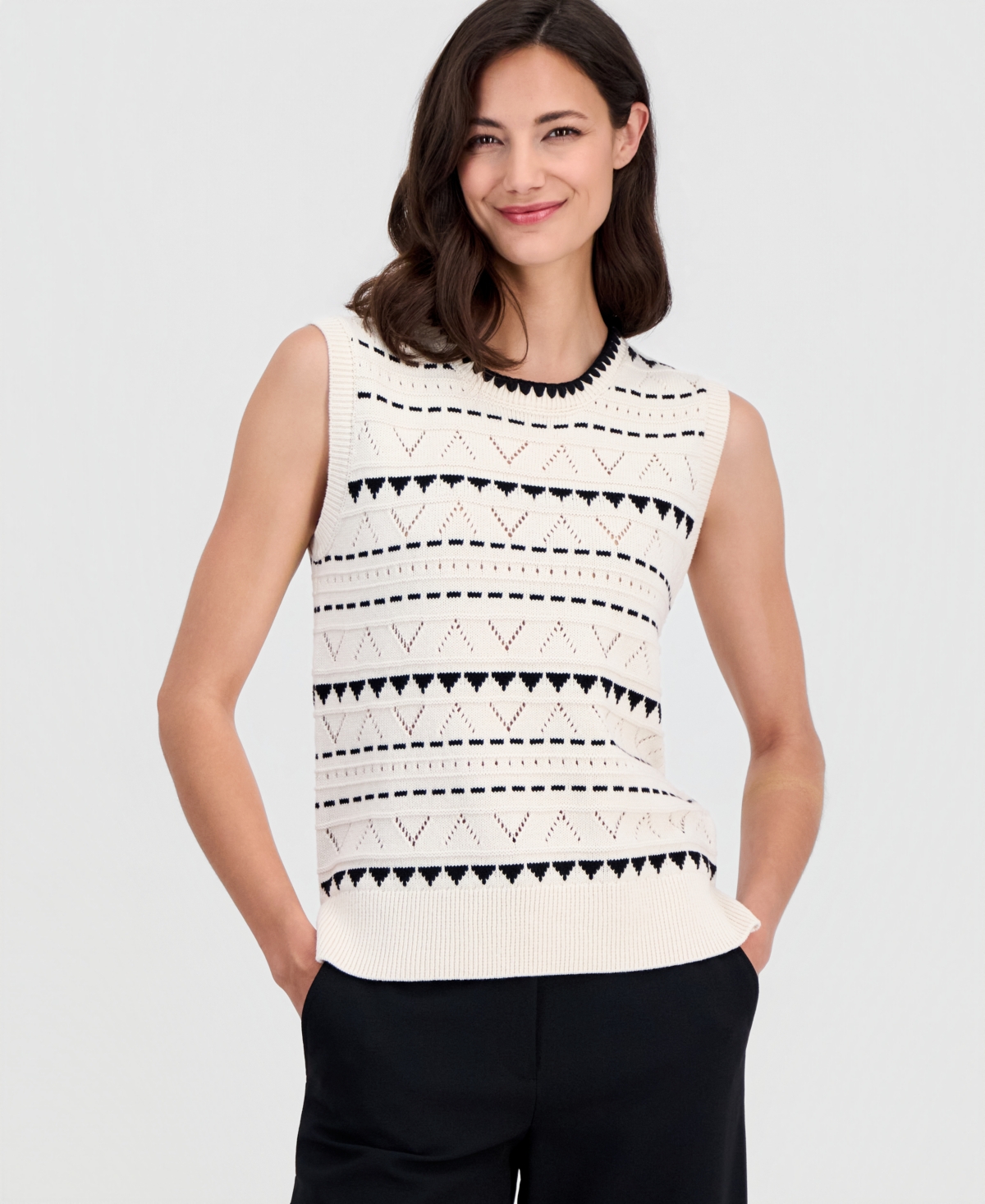 Click here for T Tahari Womens Crewneck Sleeveless Pointelle Top... prices