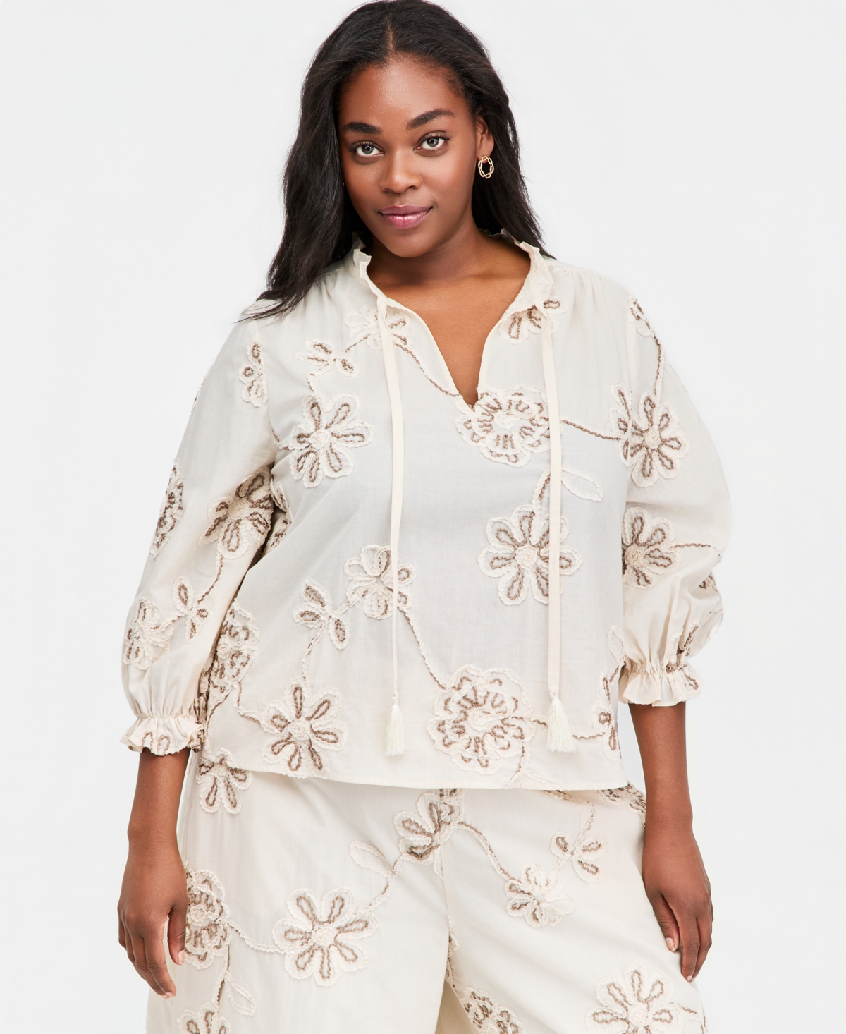 Click here for Vince Camuto Plus Size Split V-Neck Tie Cotton Blo... prices