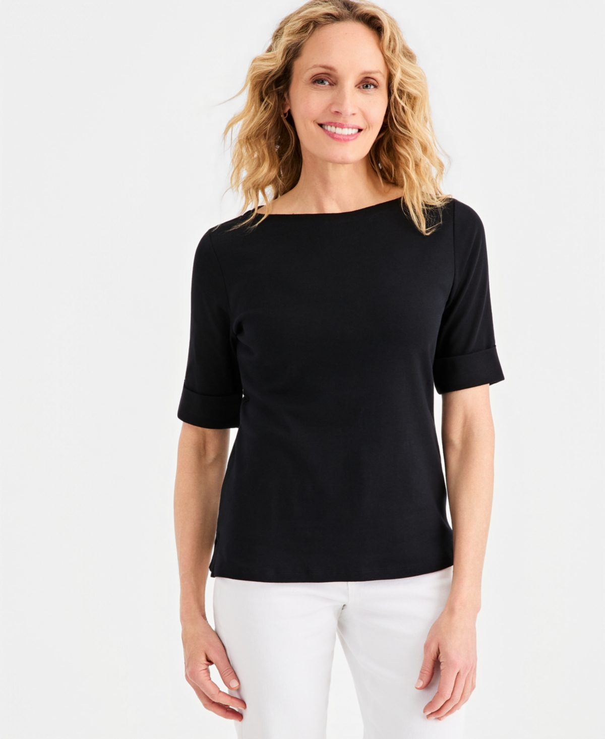 Click here for Style & Co Womens Boat-Neck Elbow Sleeve Cotton To... prices